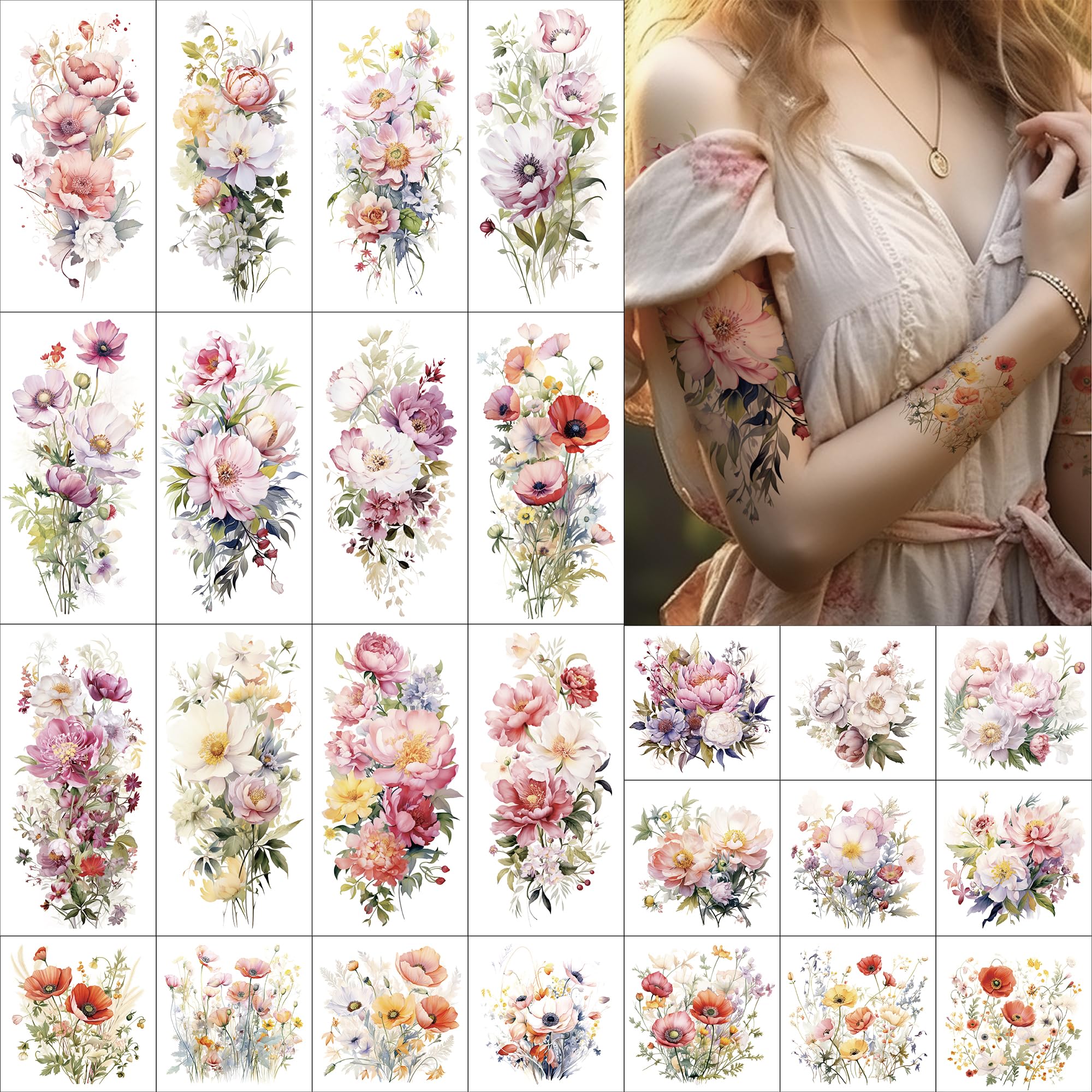 Everjoy Flower Temporary Tattoo KEF28 Sleeve Sheets, 12 Large ...