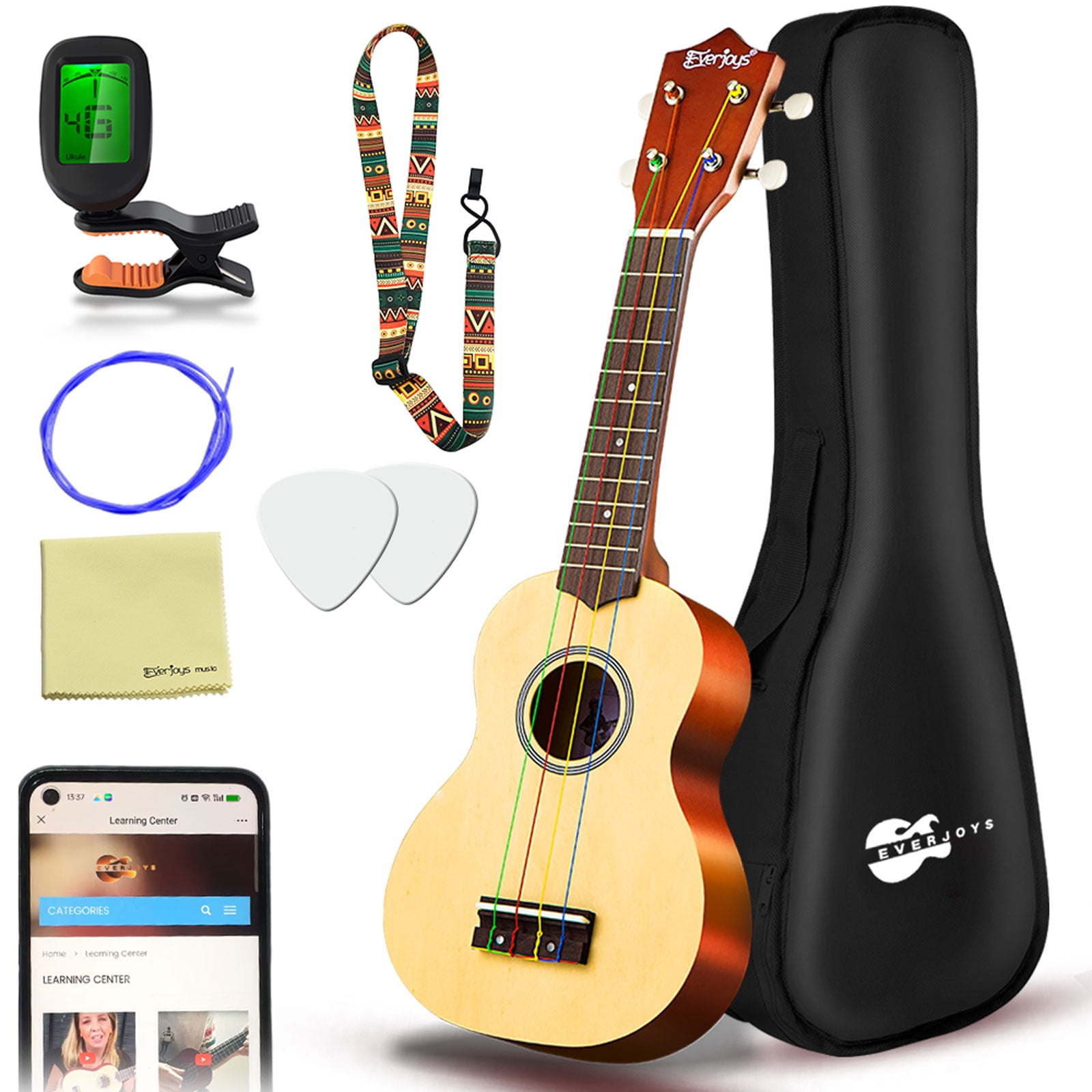 Everjoys 21'' Soprano Ukulele Starter Kit - Rainbow Strings, Gig Bag ...