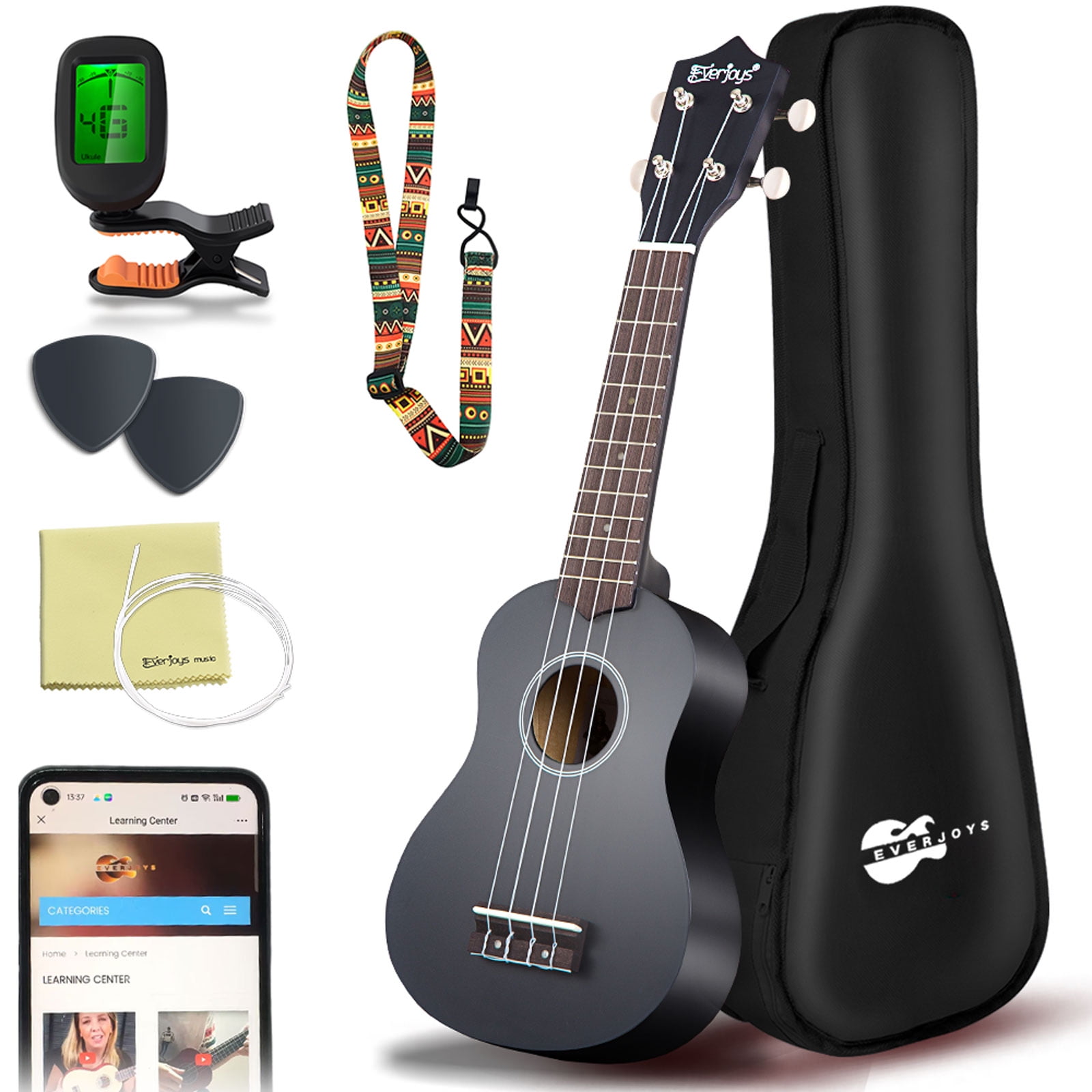 "Everjoys 21"" Soprano Ukulele Starter Kit with Gig Bag, Rainbow ...