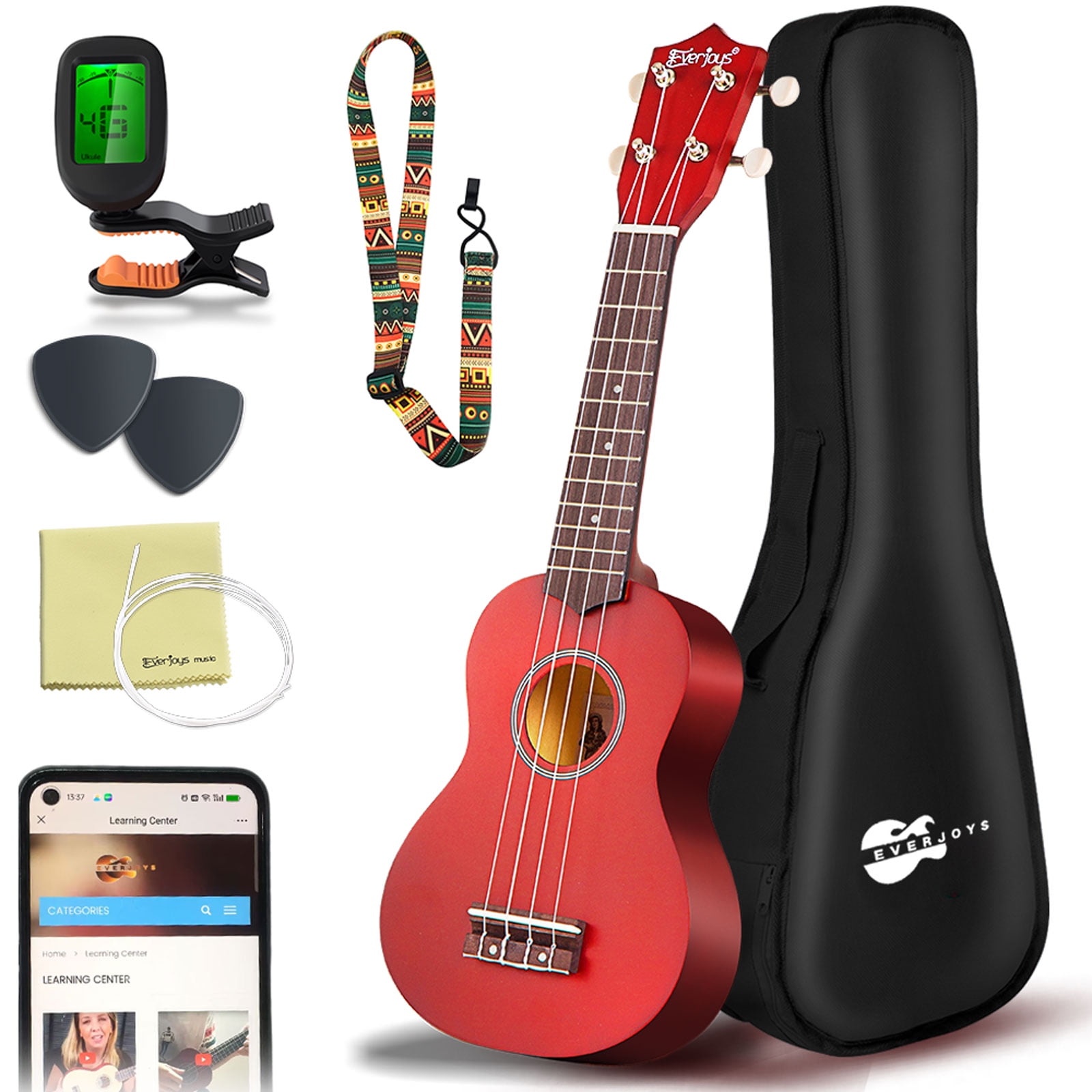 Everjoys 21'' Soprano Ukulele Starter Kit: Gig Bag, Rainbow Strings ...
