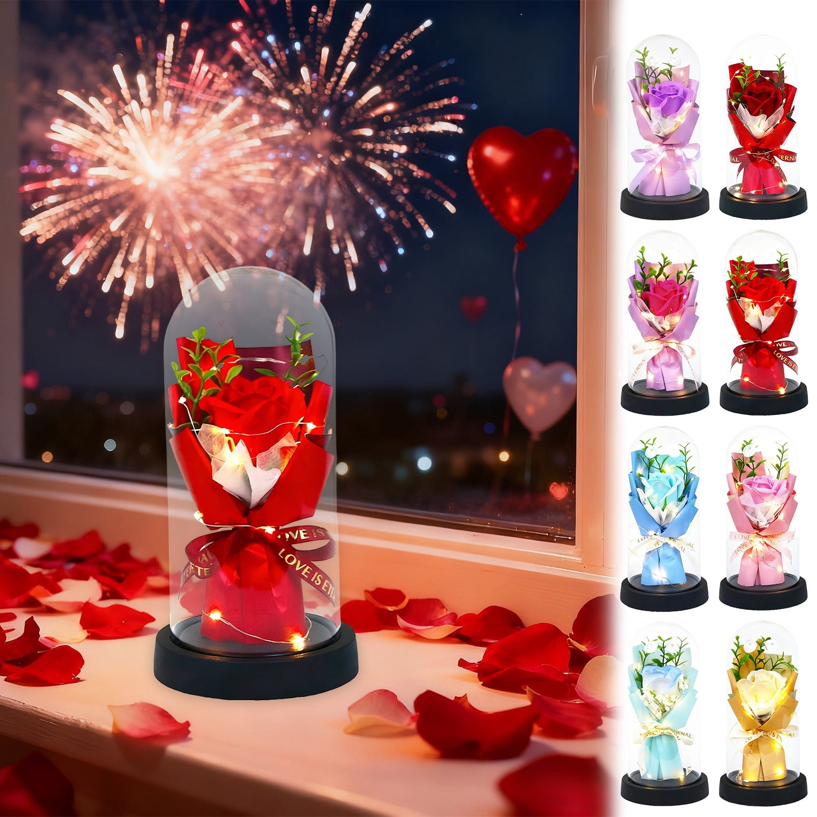 Everlasting Soap Flower Bouquet in Glass Dome with LED Lights | 1-Piece ...