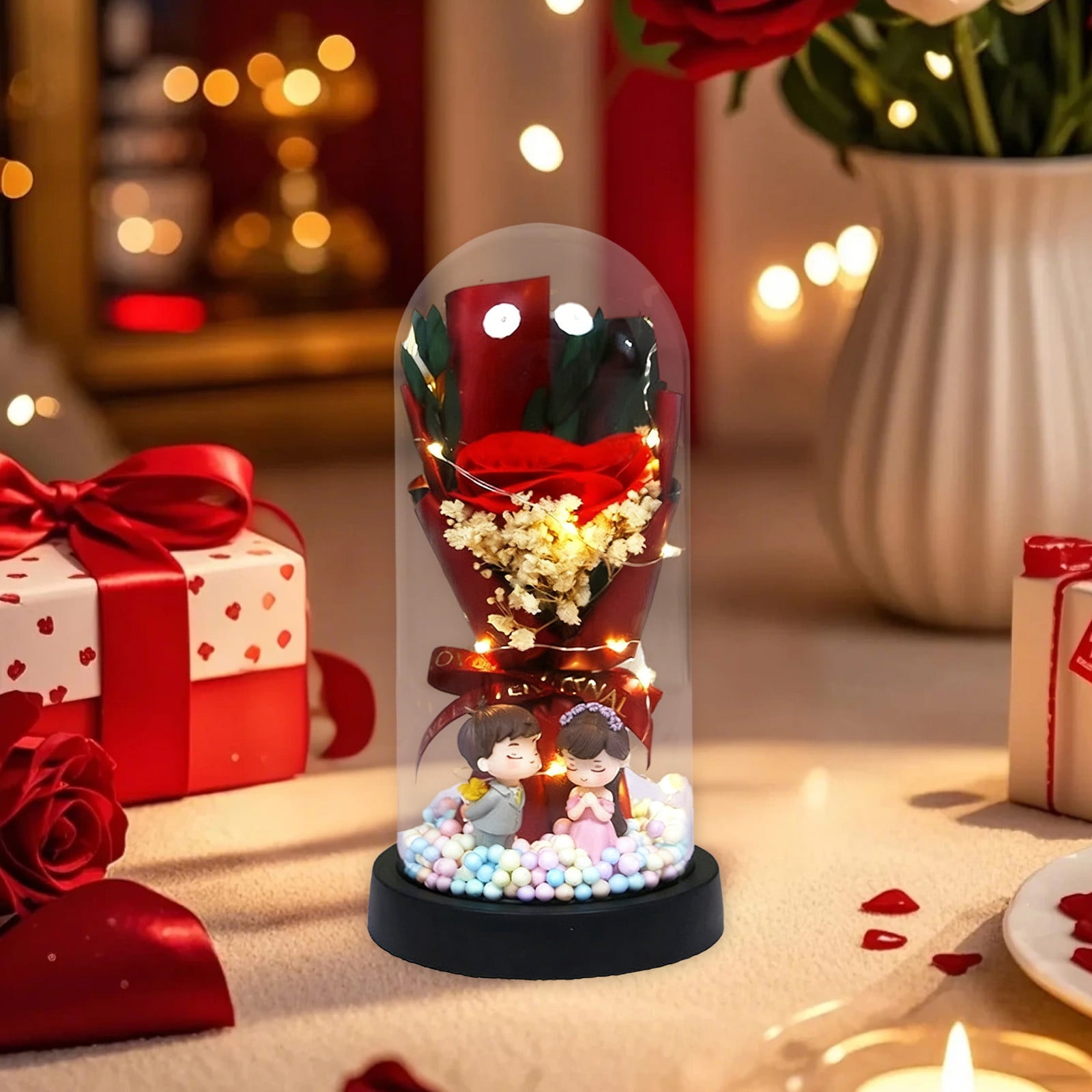 Everlasting Soap Flower Rose Bouquet in Glass Dome with LED Lights for Valentine's Day Gifts ...