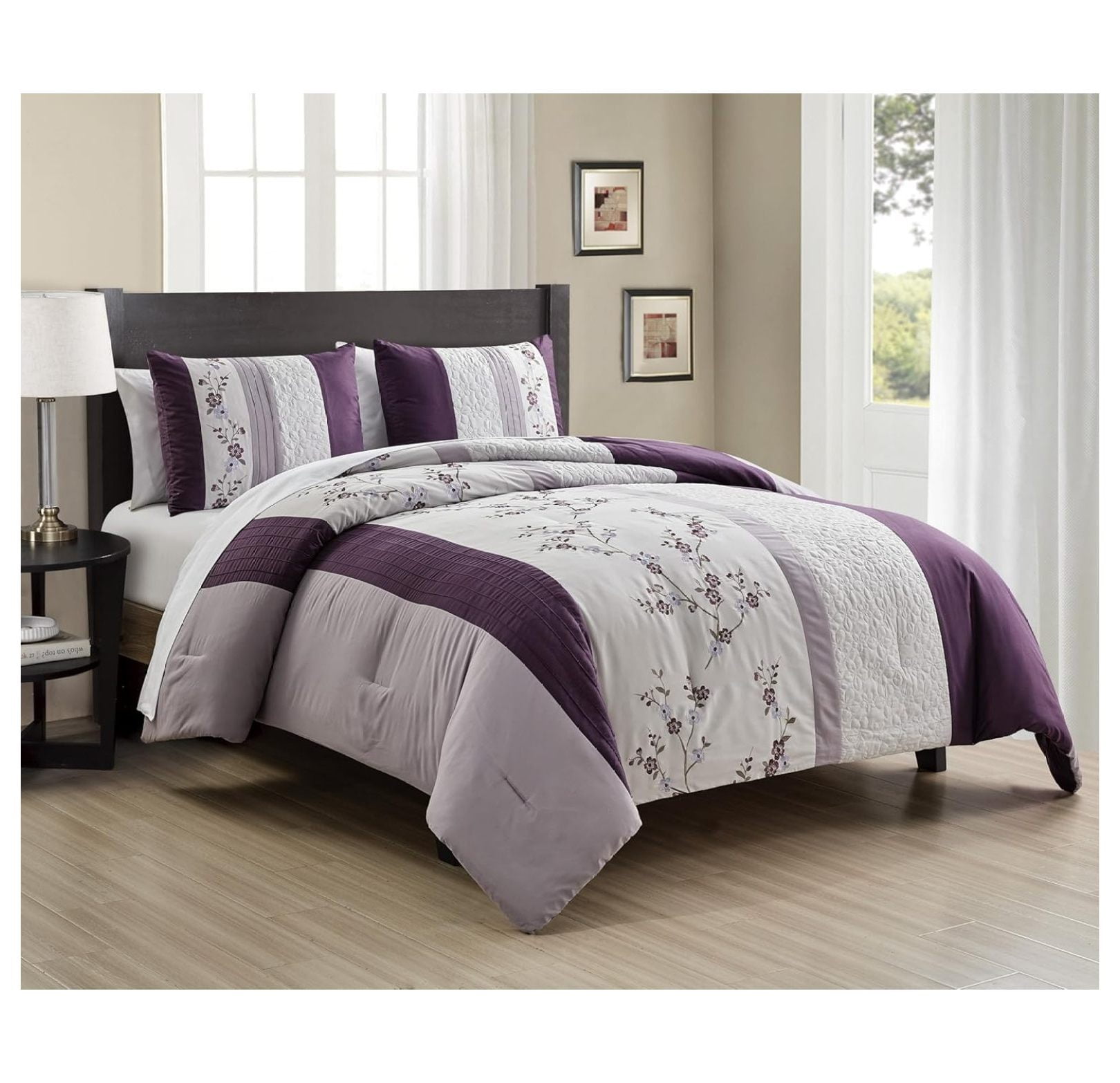 Everly Bed in a Bag Luxury Cherry Blossom Floral Embroidery 7 - Pieces All Season King Bedding ...