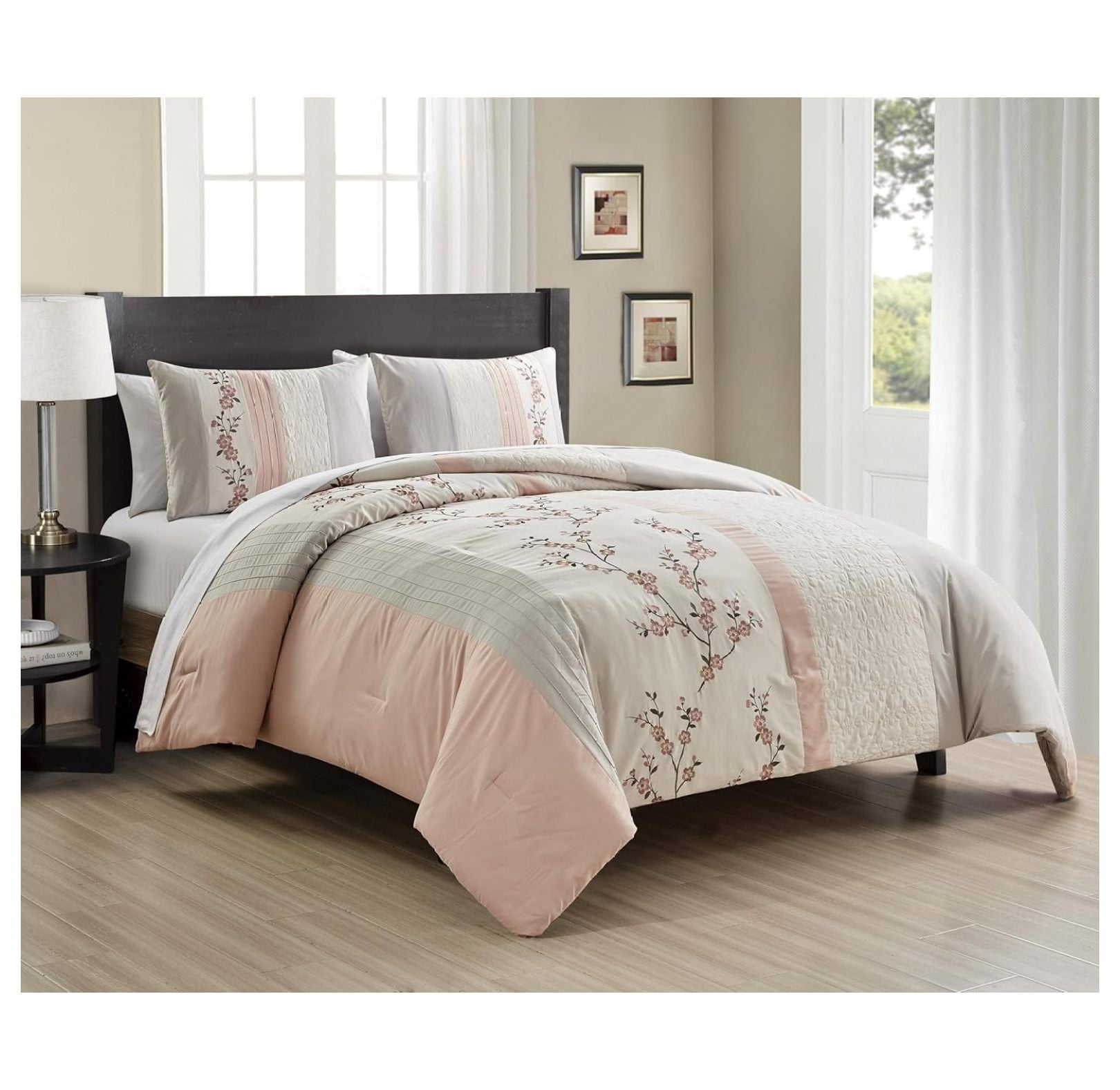 Everly Full Bed in a Bag 7-Pieces Luxury Blush Taupe Cherry Blossom Floral Embroidery Comforter ...