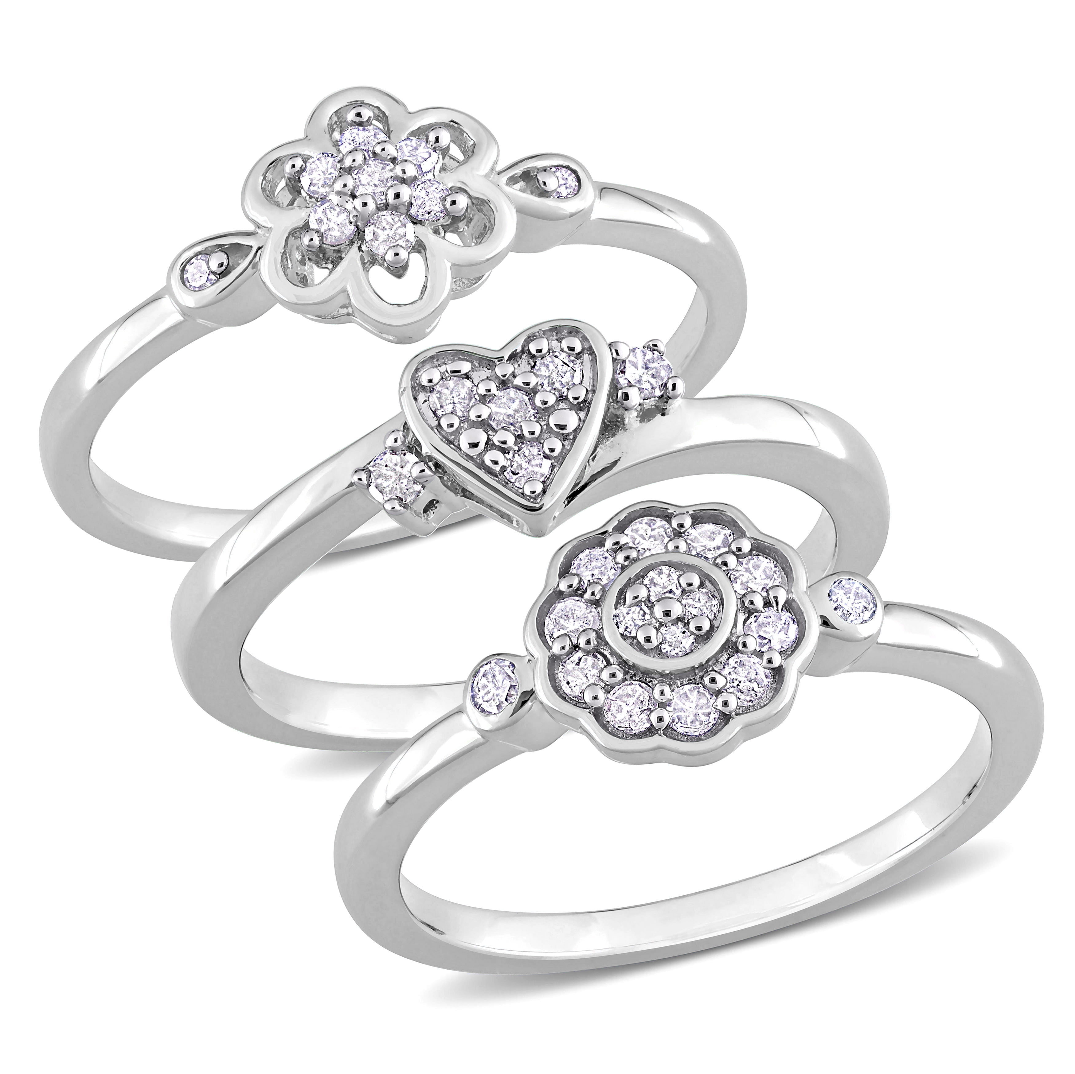 Everly Women's 2/5ct TW Diamond Two-Tone Sterling Silver Heart and Flower 3- Pc Ring Set ...
