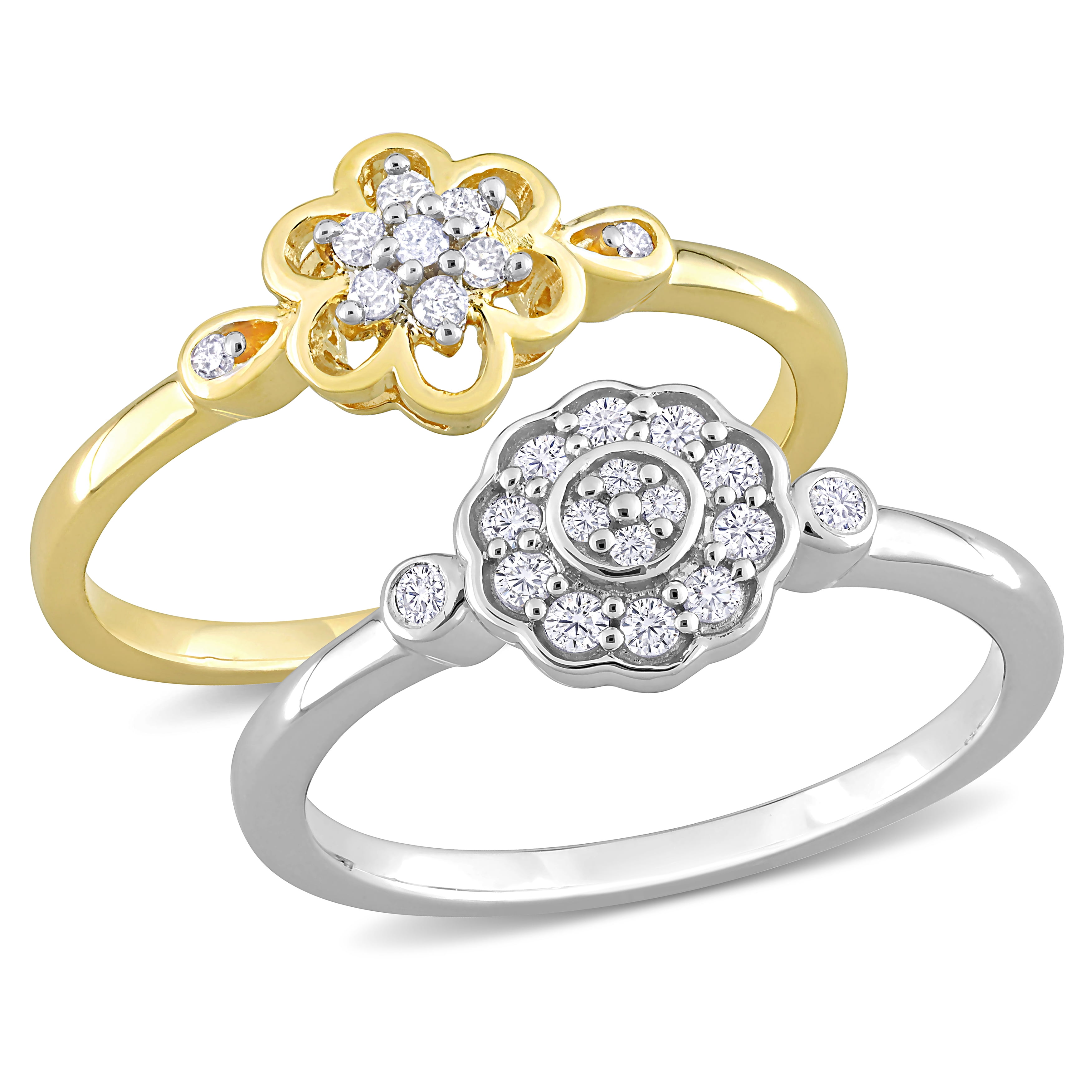 Everly Women's 3/10ct TW Diamond Two-Tone Sterling Silver Flower 2-Pc Ring Set - Walmart.com