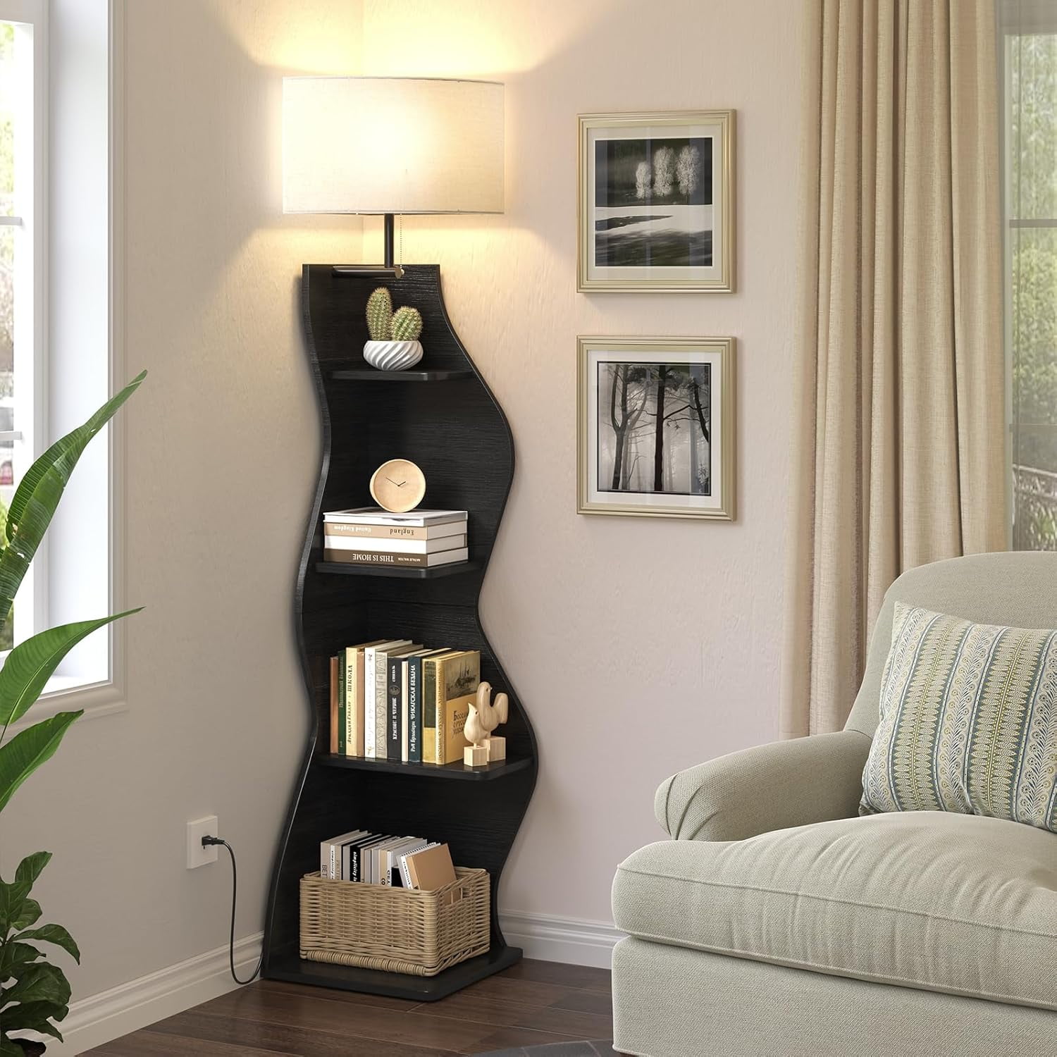 Evermagin 4 Tier Corner Shelf with Light, 64'' Tall Corner Bookshelf ...