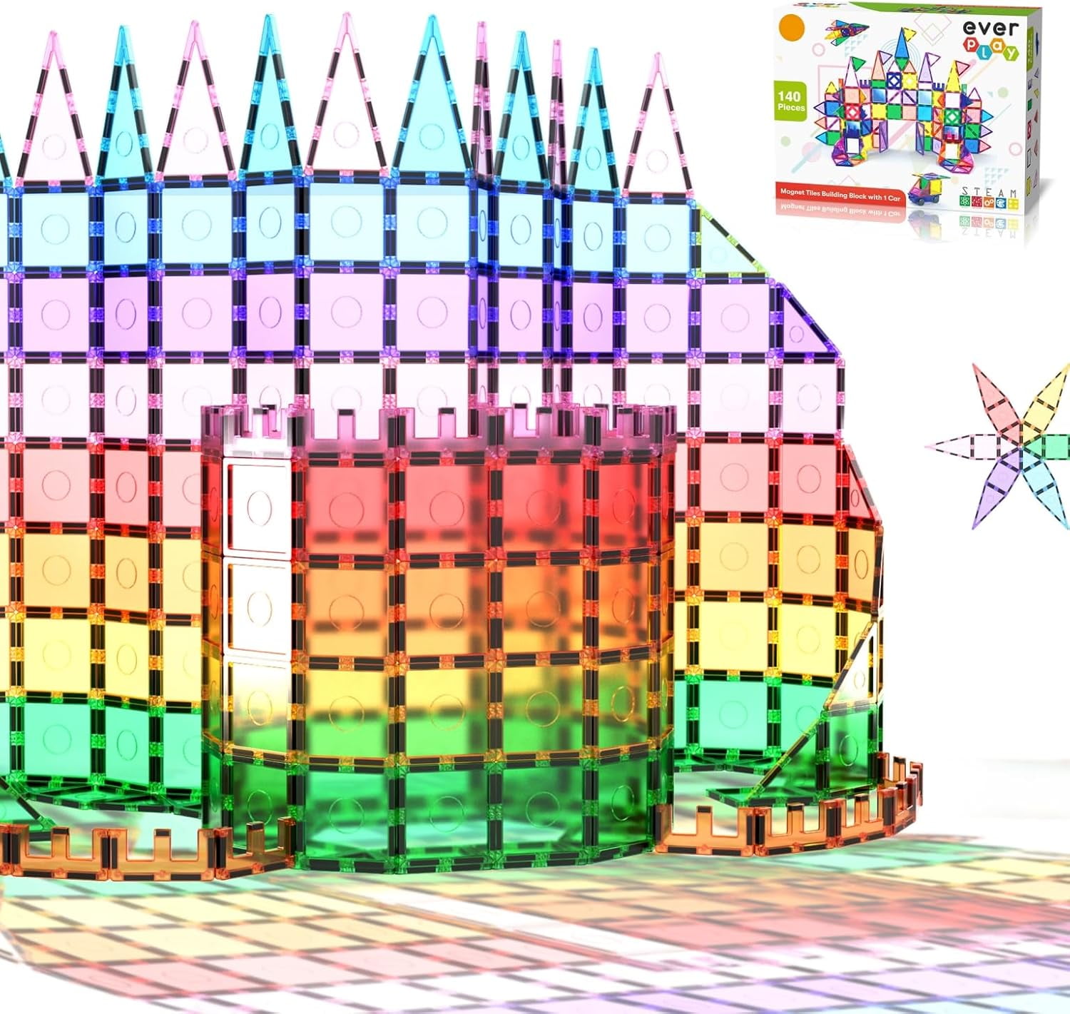 Everplay 140 pc Castle Rocket Magnetic Tiles with Car Set Building ...