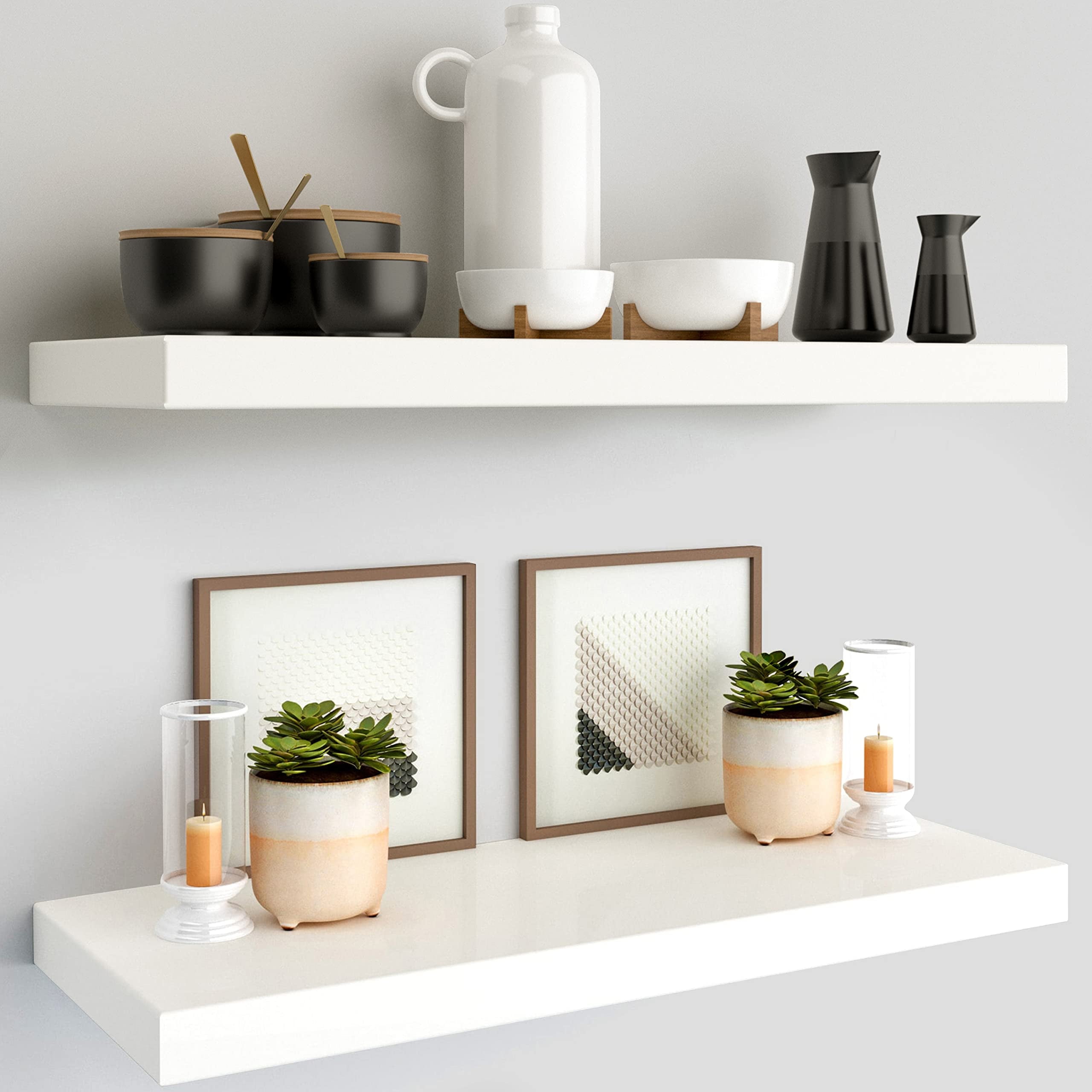 Everson Bella White Floating Wood Shelves, 24 x 9 inch, 2 Pc, Wall ...