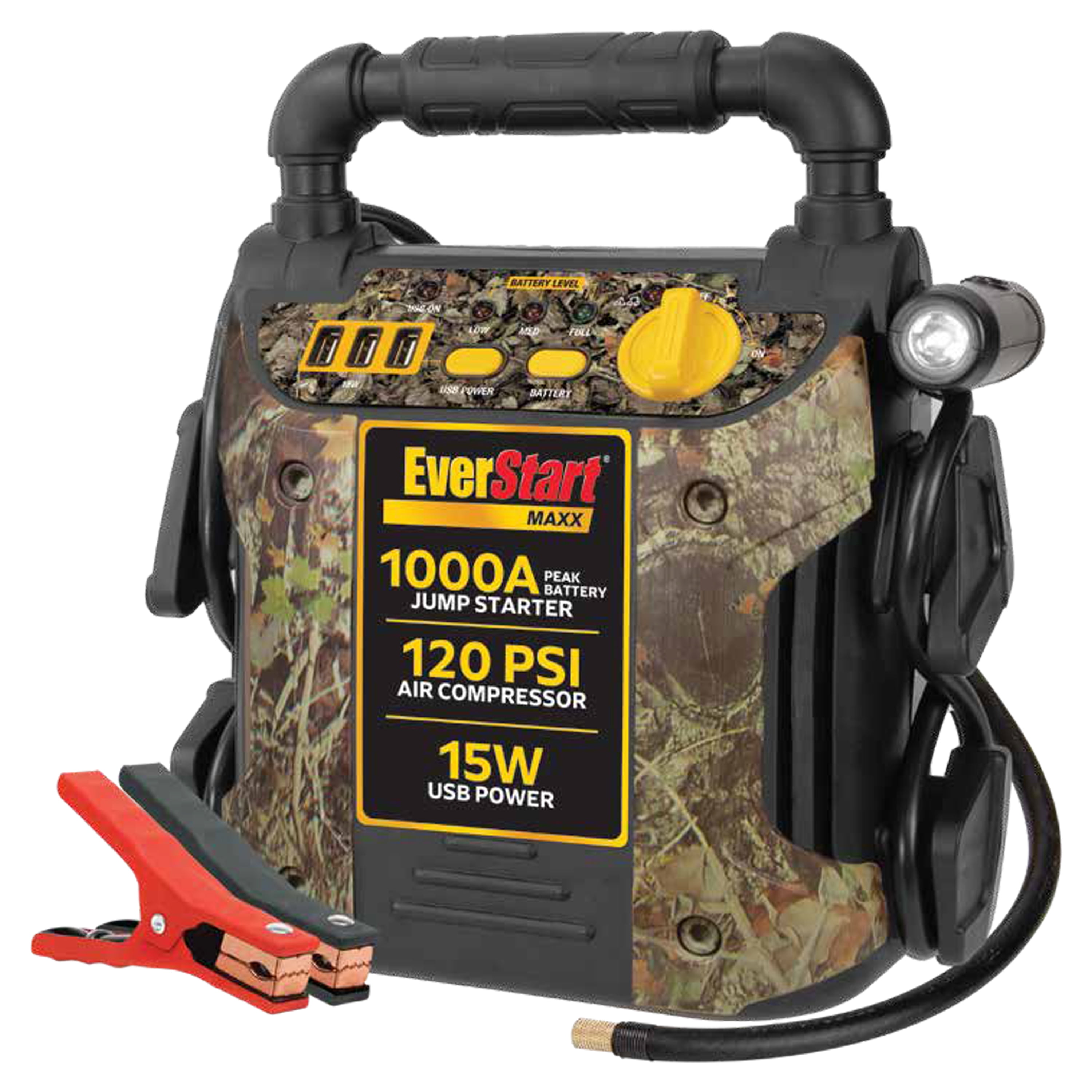 EverStart Maxx 1000 Peak Amp Camo Jump Starter, 120 PSI Compressor, Pivoting LED Light, 3 USB ...