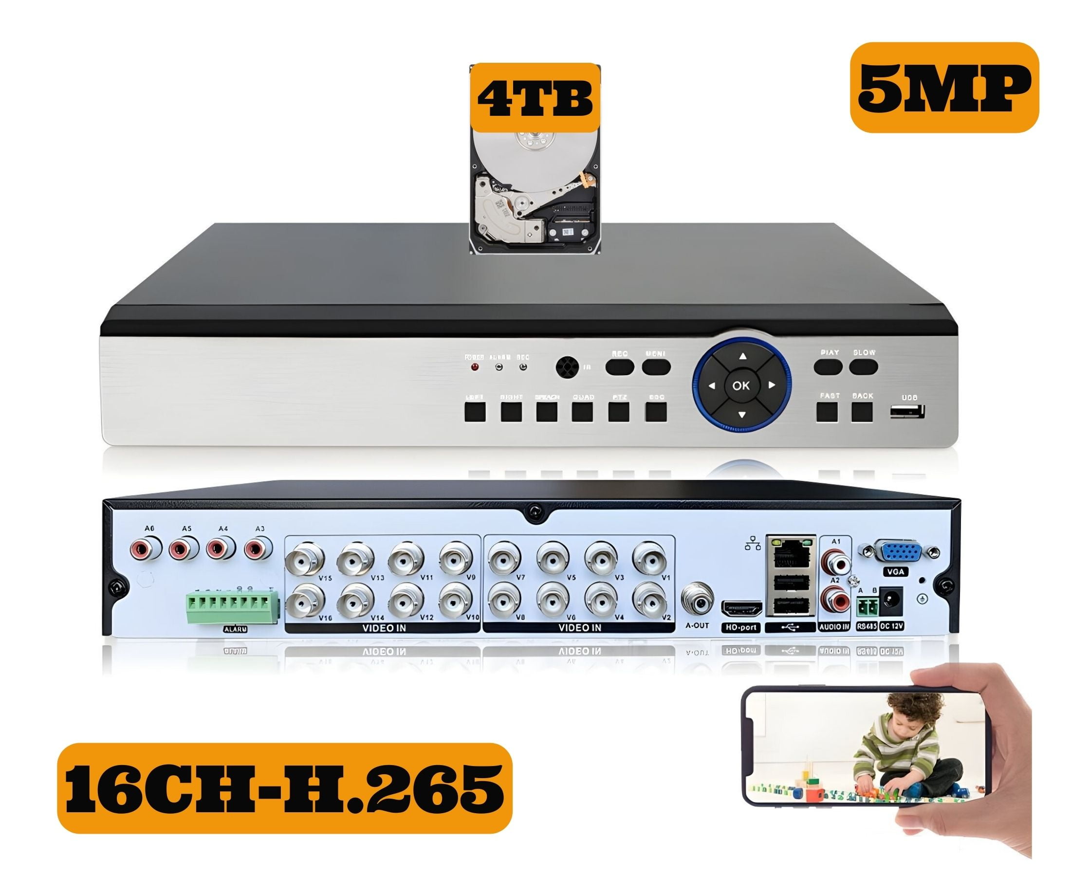 Evertech 16 Channel H.265 5MP AHD TVI CVI Analog Surveillance Camera Digital Video Recorder with ...