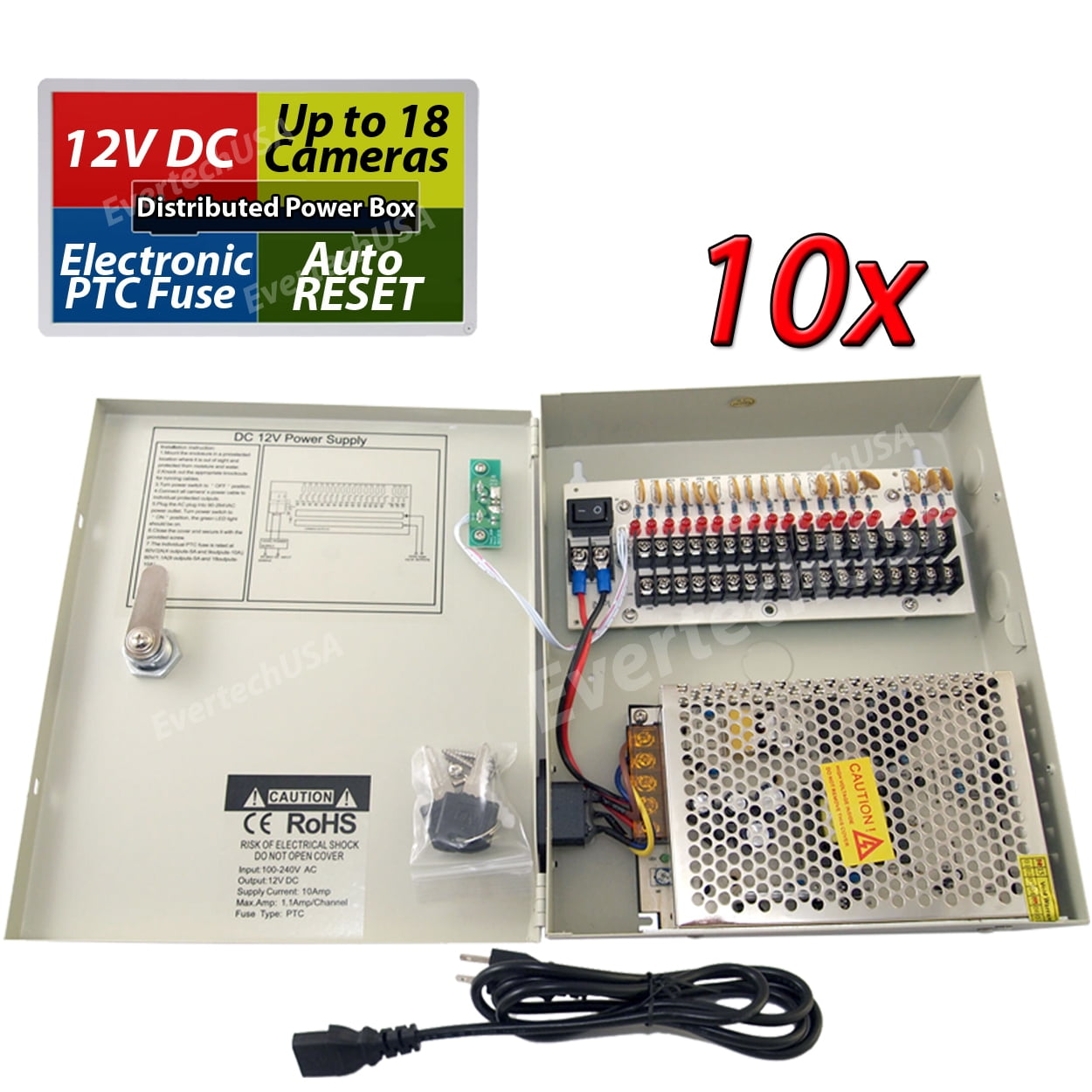 Evertech 18 Channel 12V DC 10 Amp Distributed Power Supply Box with PTC ...