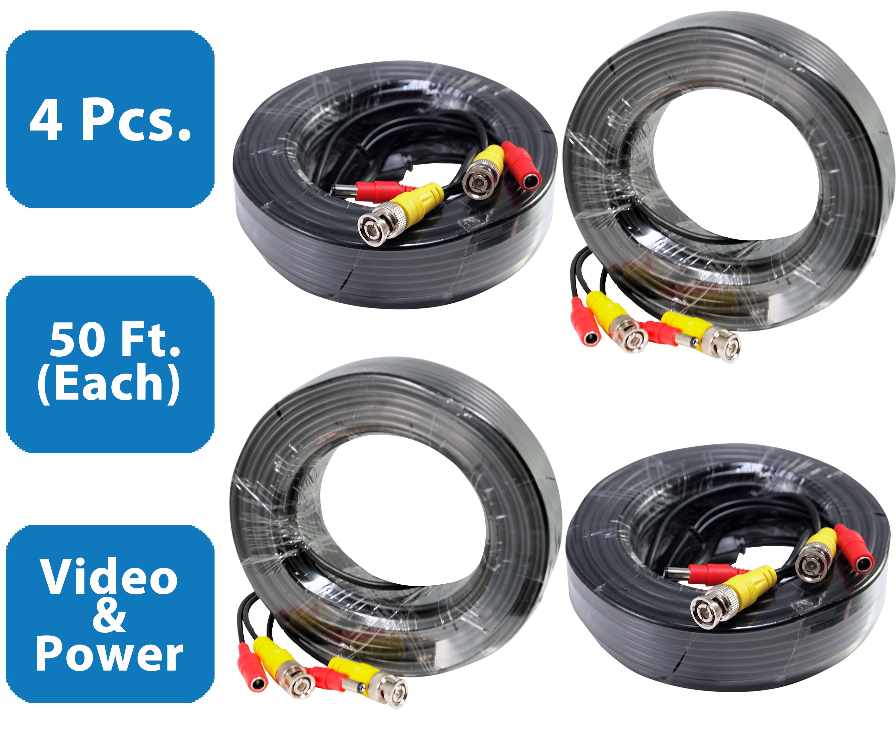 Evertech 4-Pack 50ft CCTV Power Cables, BNC Extension, Pre-made for ...