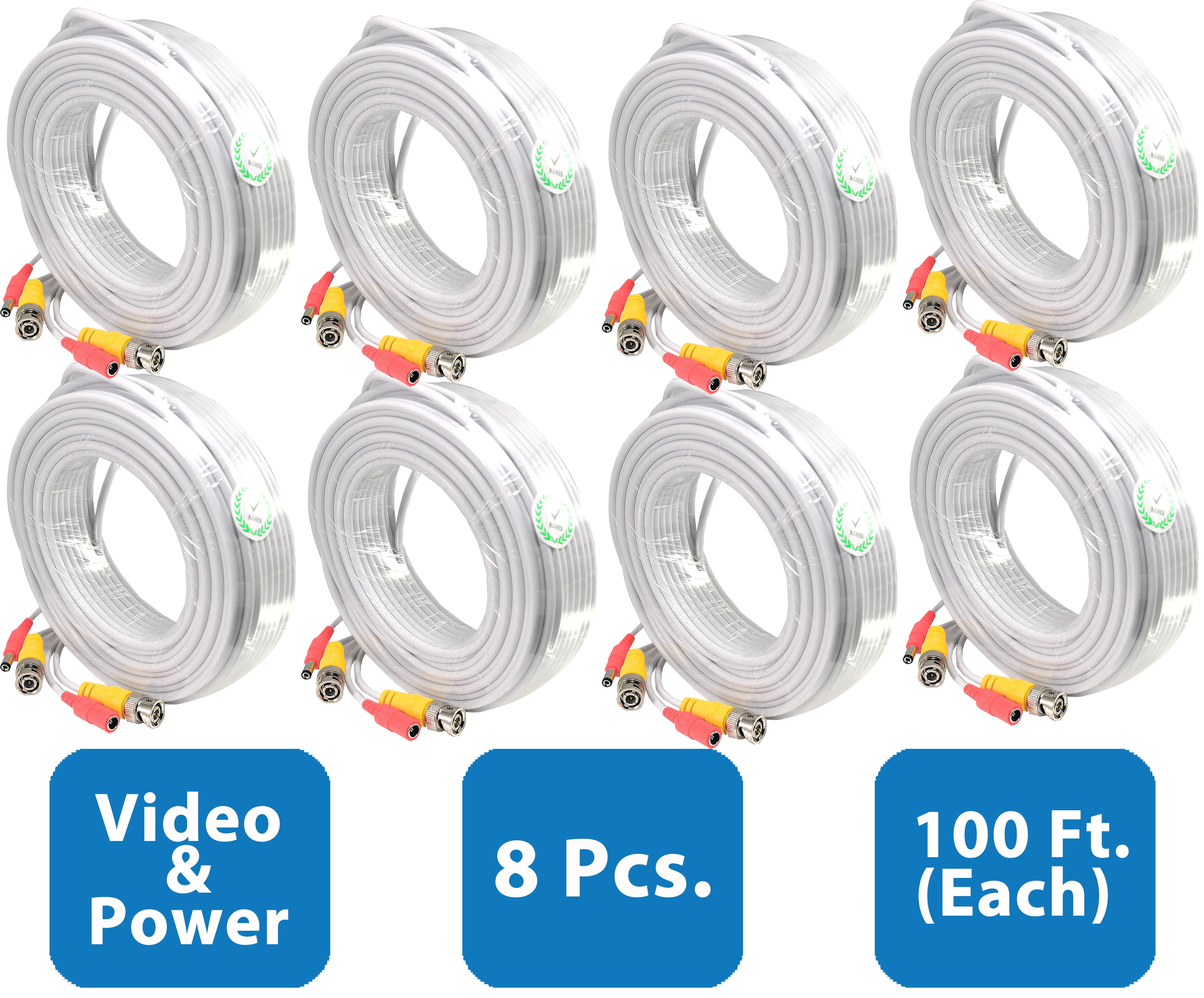 Evertech 8 Pcs 100 Feet White Ready-made Video and Power CCTV BNC Cable ...