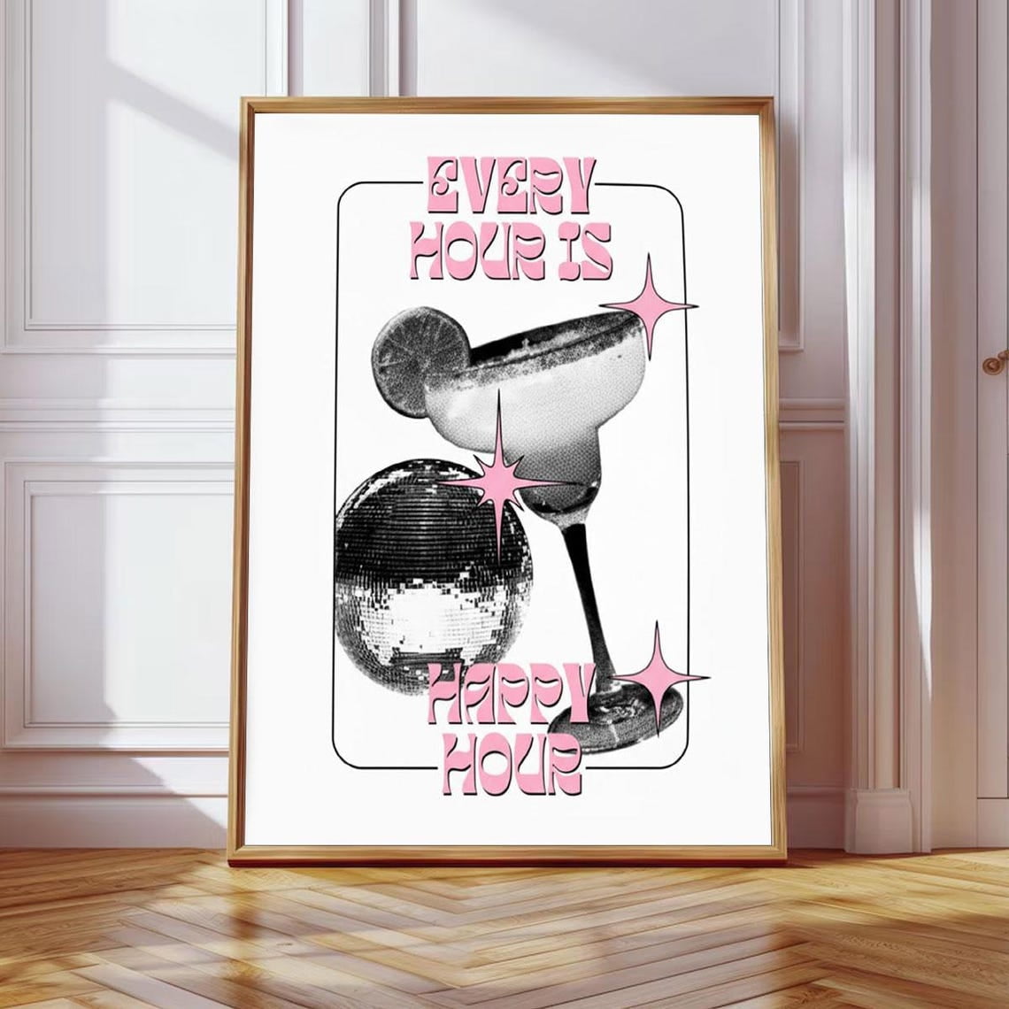 Every Hour Is Happy Hour Poster Retro Disco Cocktail Wall Art, Pink ...