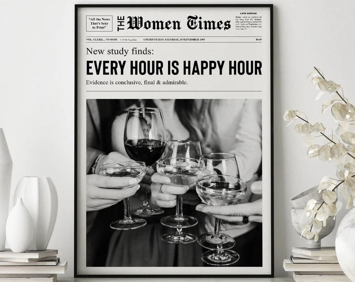 Every Hour Is Happy Hour Poster, Trendy Newspaper Print, Vintage Bar ...