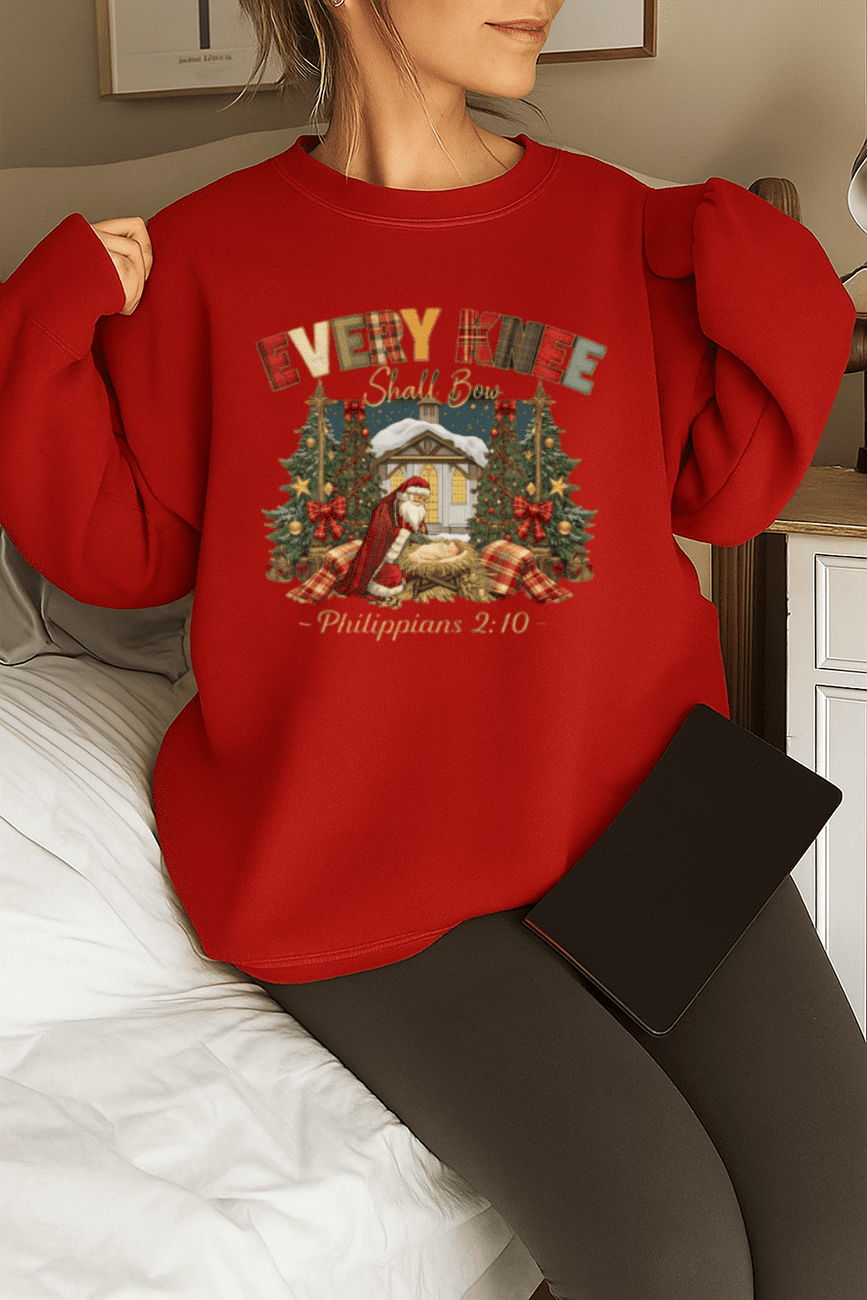 Every Knee Shall Bow Patchwork Christmas Religious Themed Sweatshirt ...