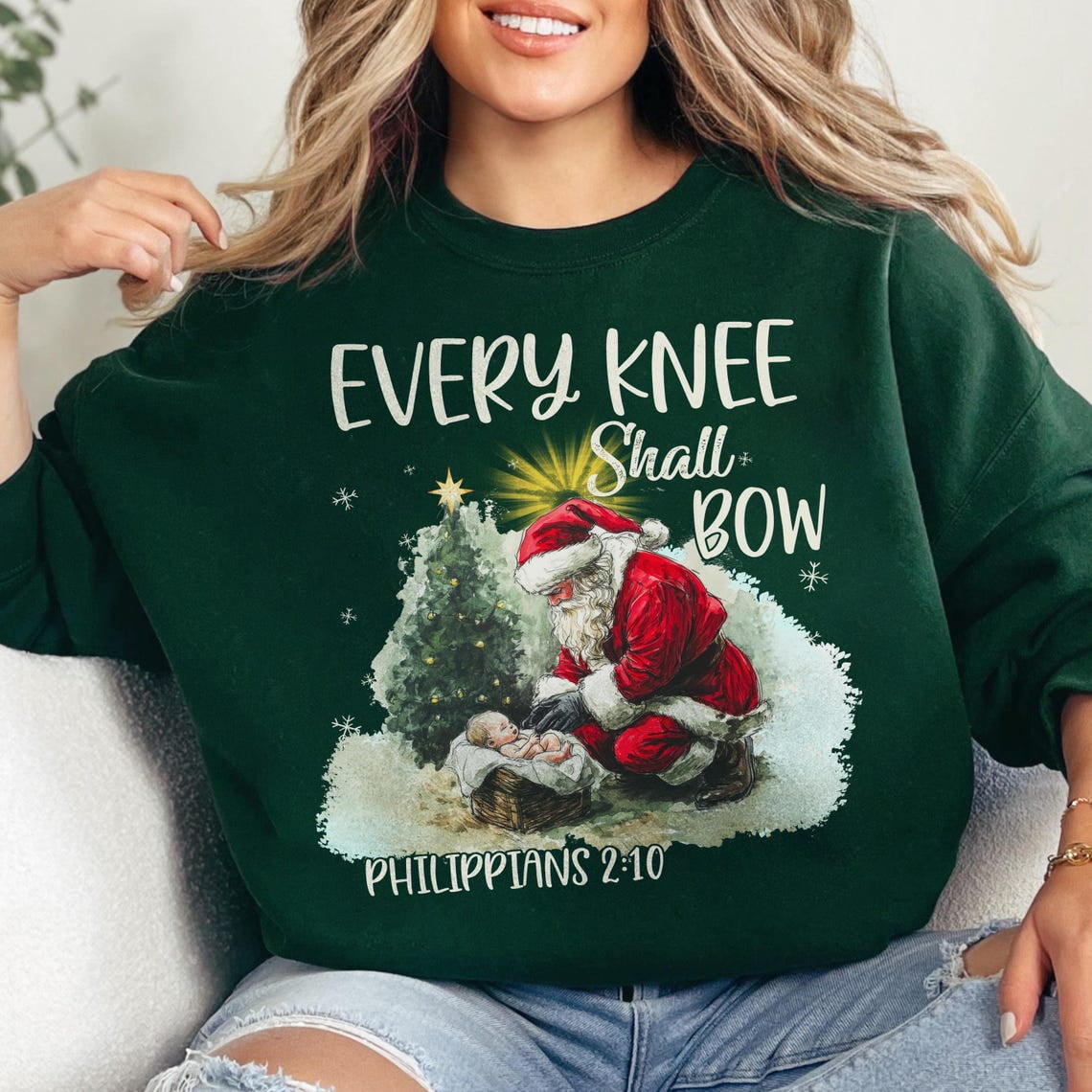 Every Knee Shall Bow Sweatshirt, Nativity Scene, Santa Claus Christmas ...