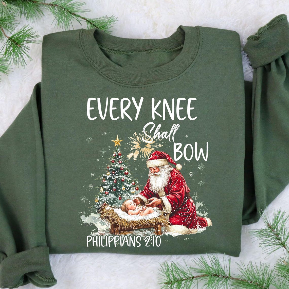 Every Knee Shall Bow Sweatshirt, Nativity Scene Sweater, Santa Claus ...