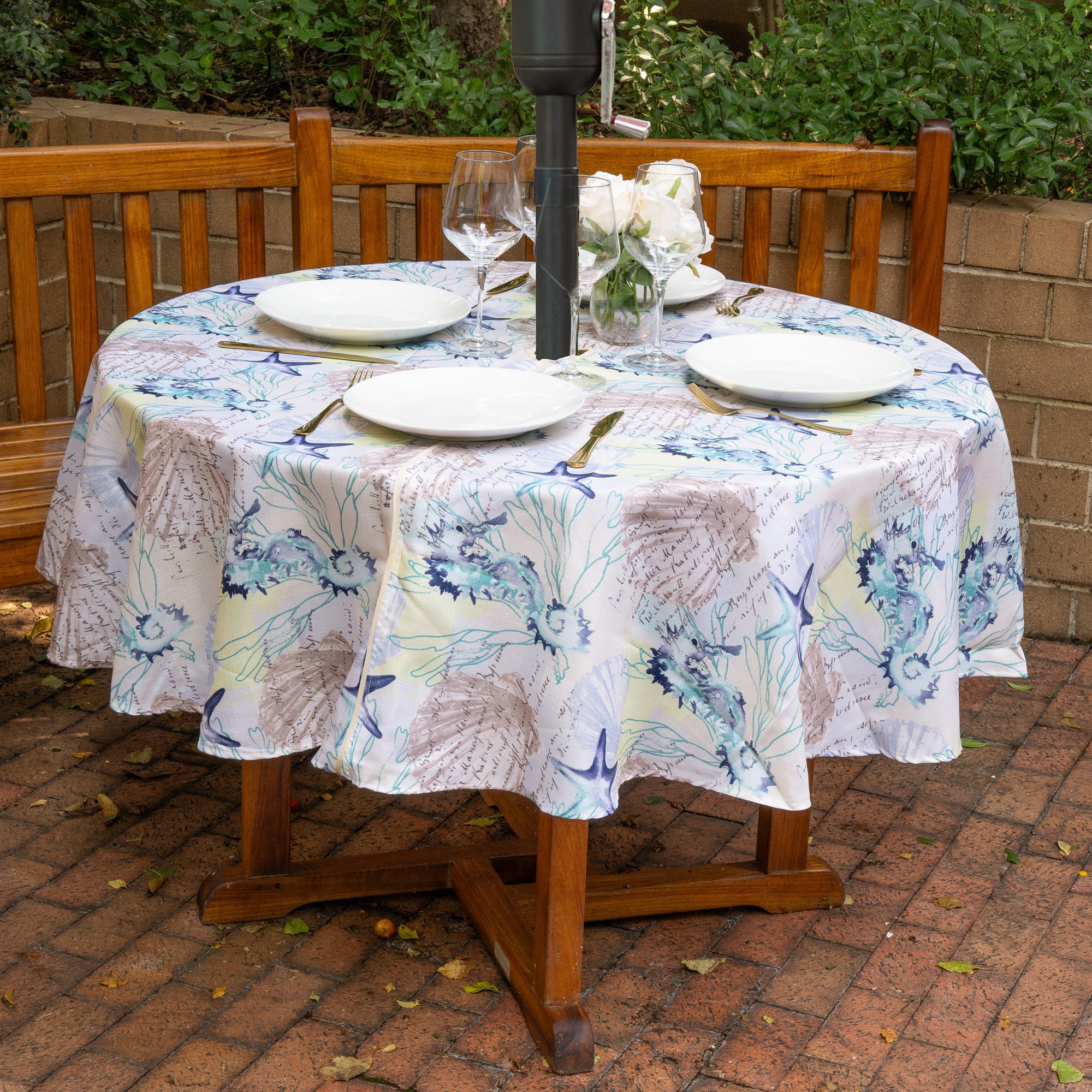Everyday Luxuries Waterproof Round Fitted Tablecloth with Umbrella Hole ...