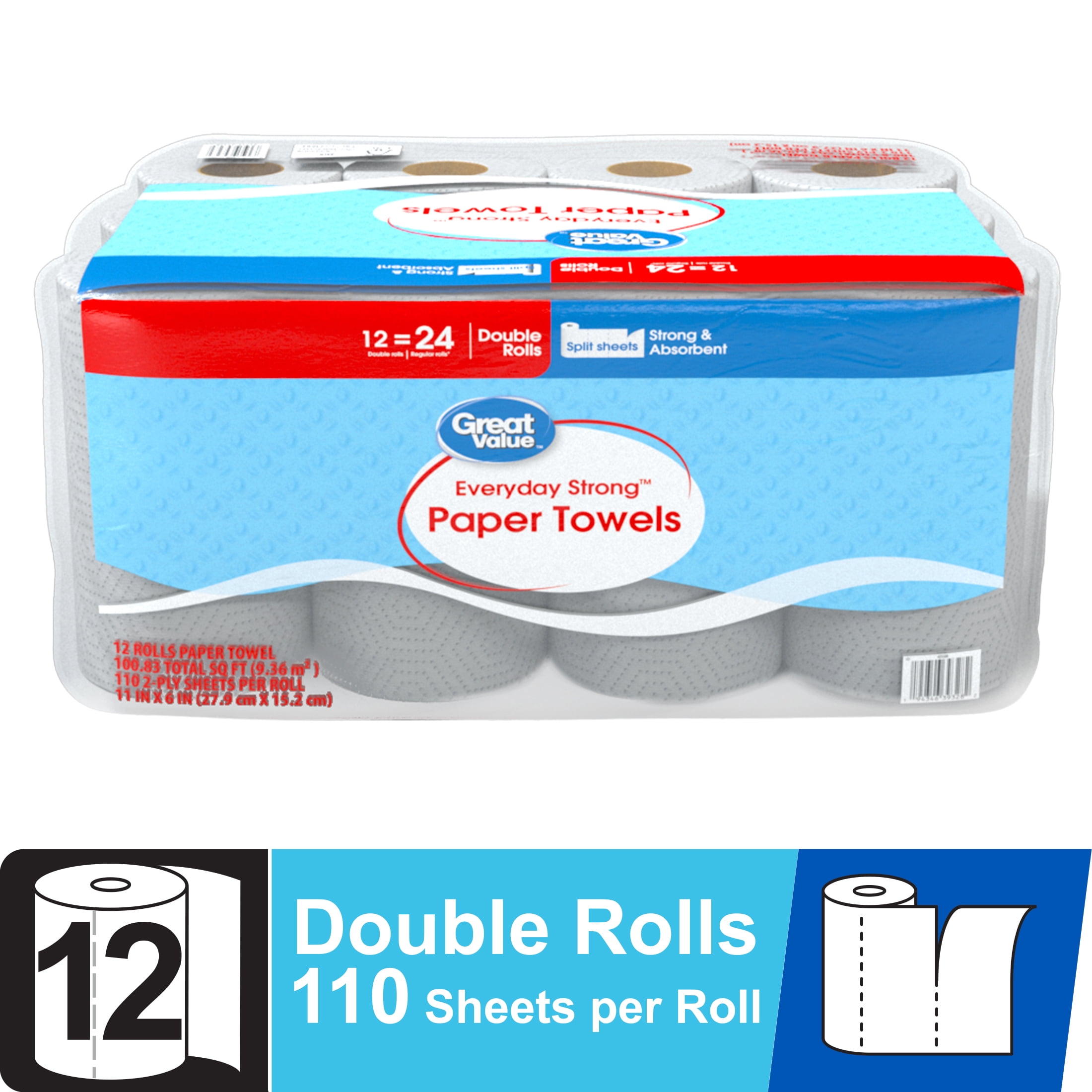 Great Value Everyday Strong Paper Towels Split Sheets, 12 Double Rolls ...
