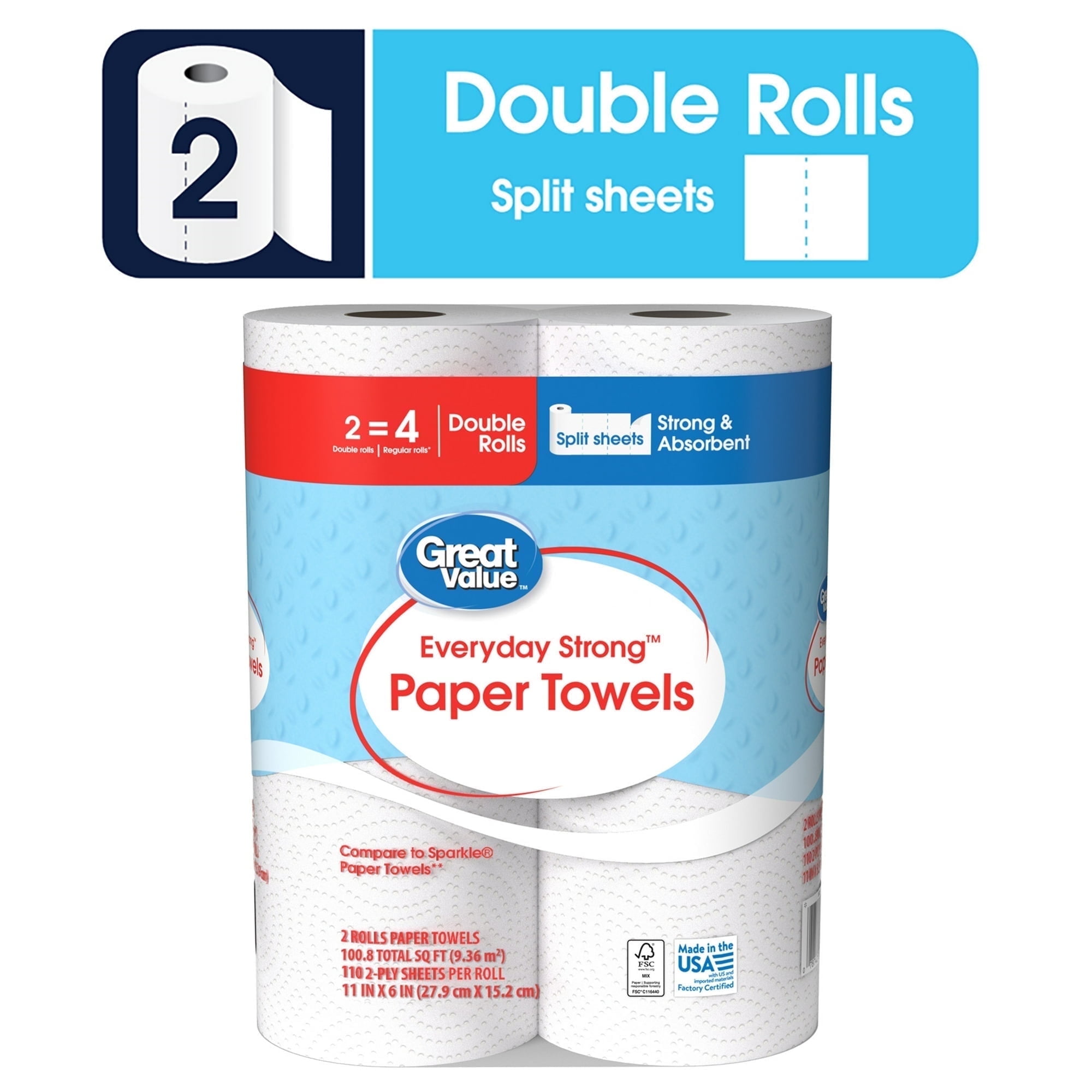 Everyday Strong Paper Towels, Split Sheets, 2 Double Rolls - Walmart.com