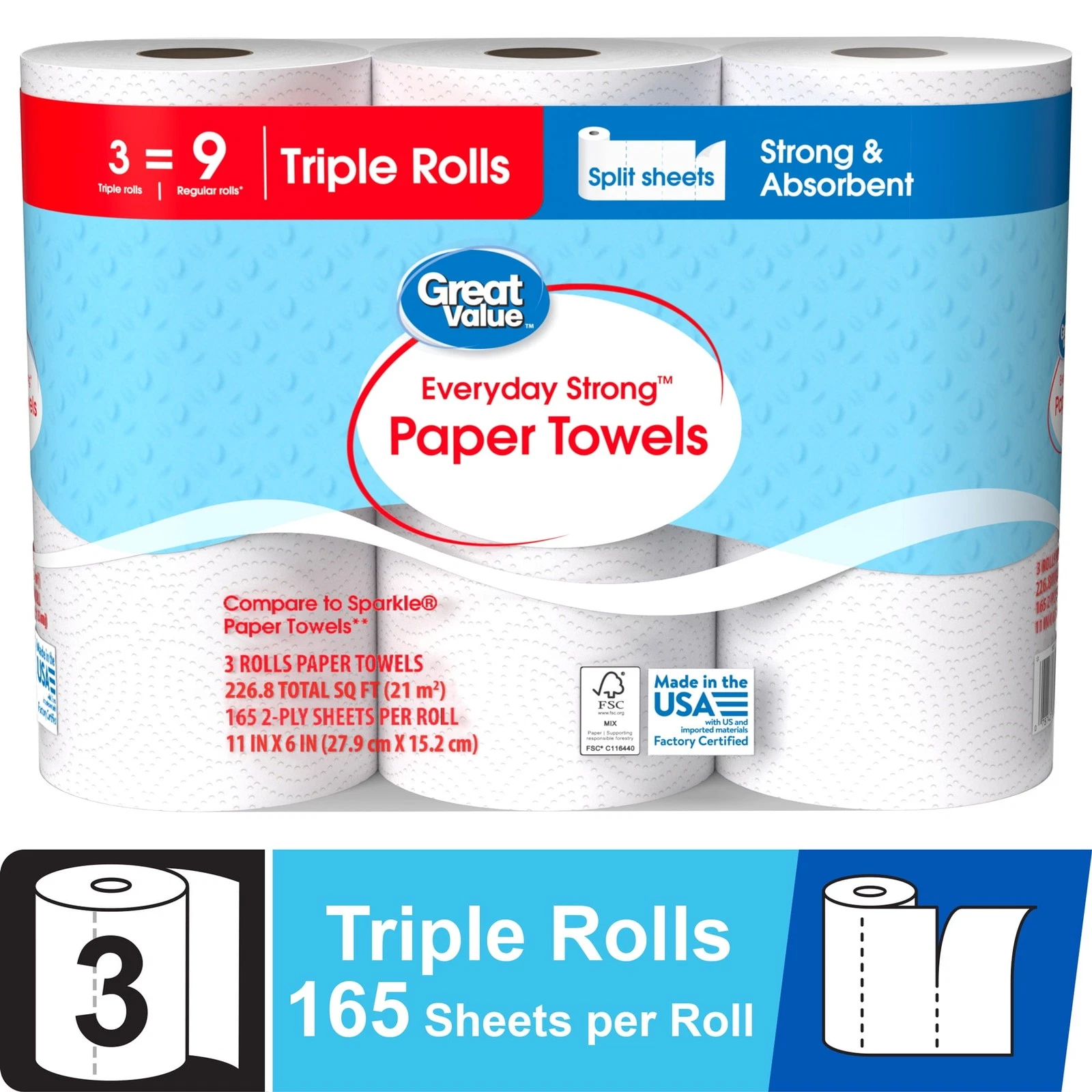 Everyday Strong Paper Towels, Split Sheets, 3 Triple Rolls, Compare To ...