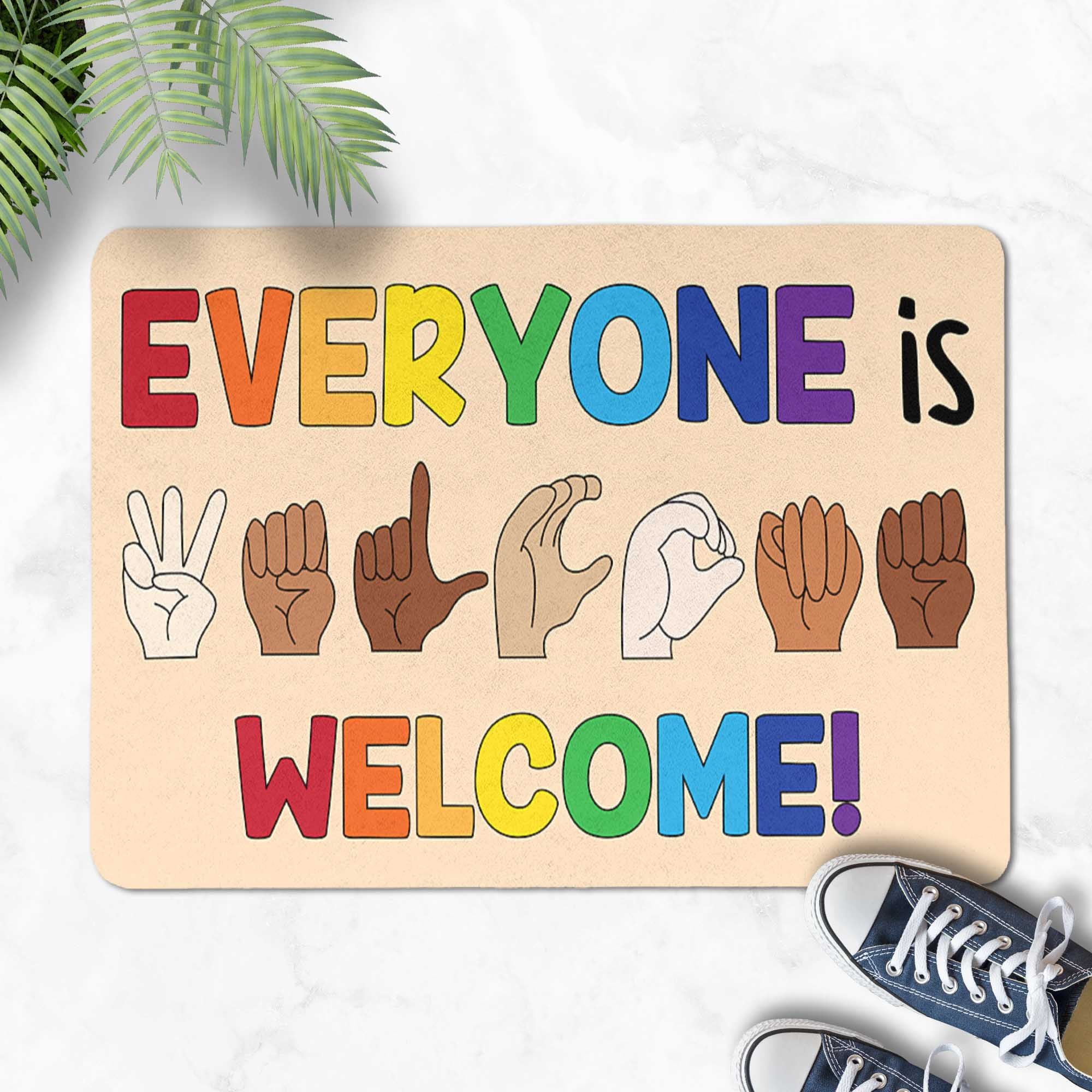 Everyone Is Welcome Here Doormat – ASL Sign Language & Rainbow Design ...