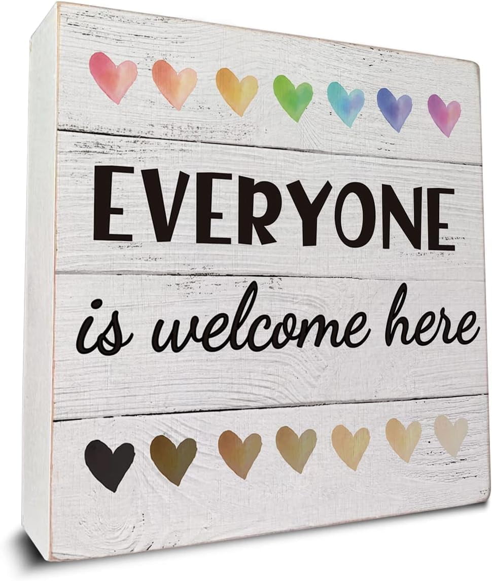 Everyone Is Welcome Here Wooden Box Sign Desk Decor Equality Quote Wood ...