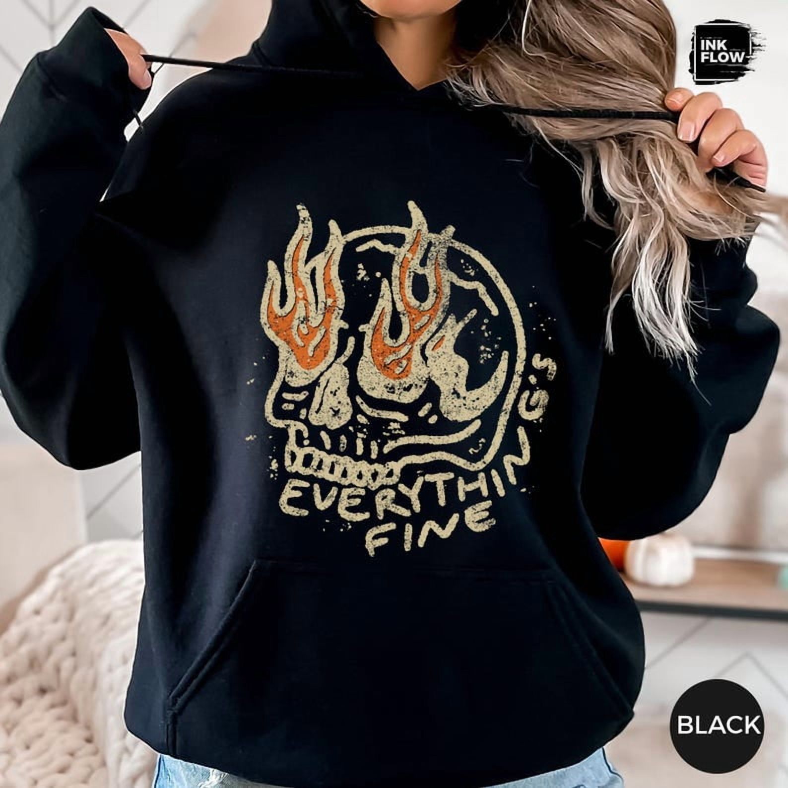 Everything Is Fine Flaming Skull Hoodie, Retro Skull Hoodie, Distressed ...
