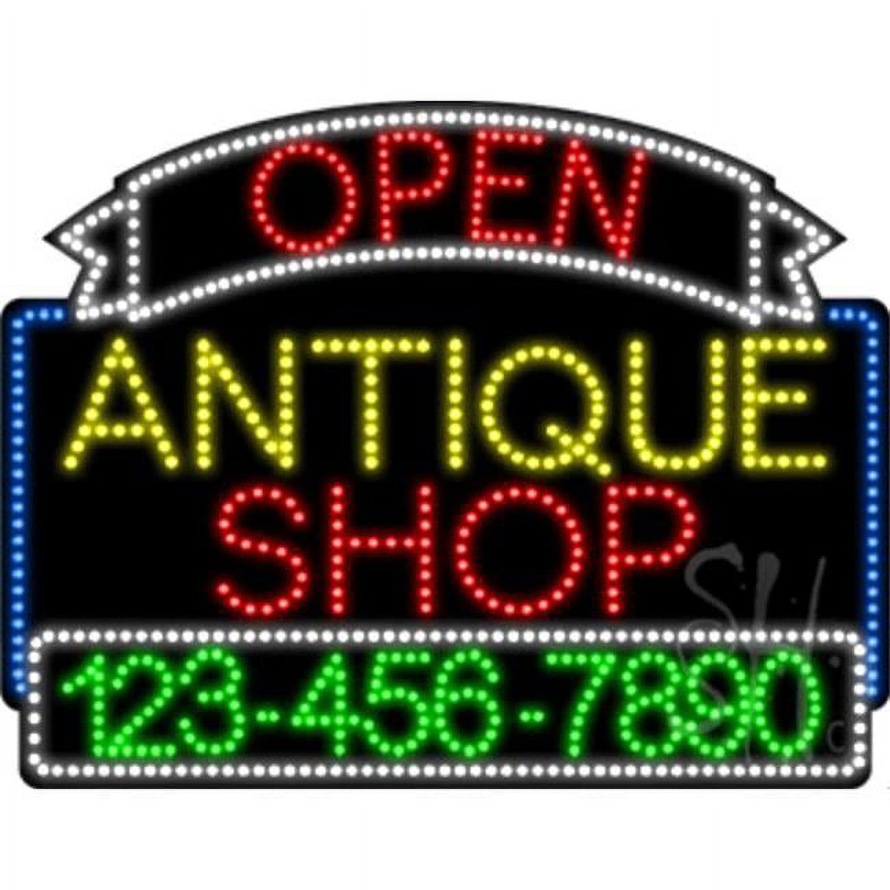 Everything Neon L100-6848 Antique Shop Open with Phone Number Animated ...