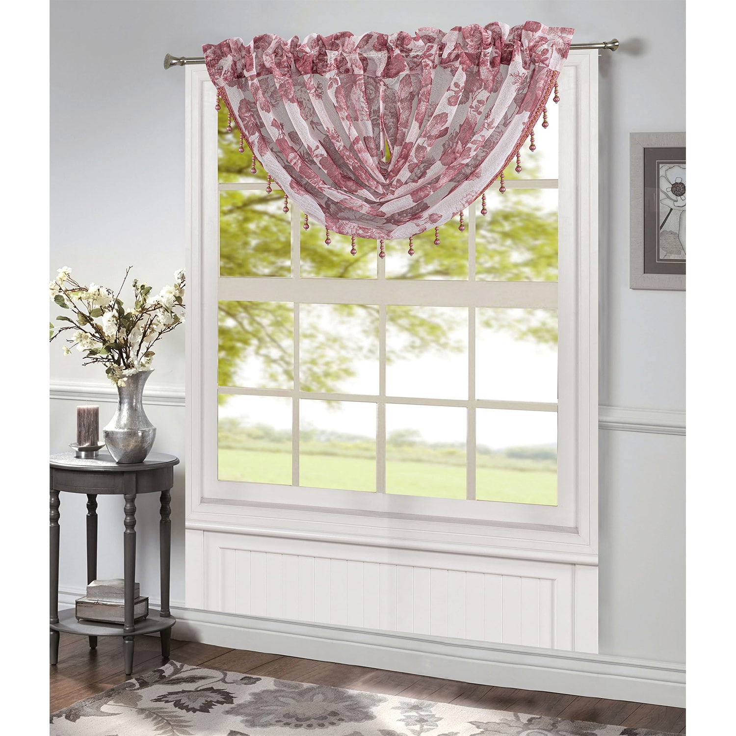 Evie Sheer Classic Floral Printed Window Valance With Beads, Red, 48x37 ...