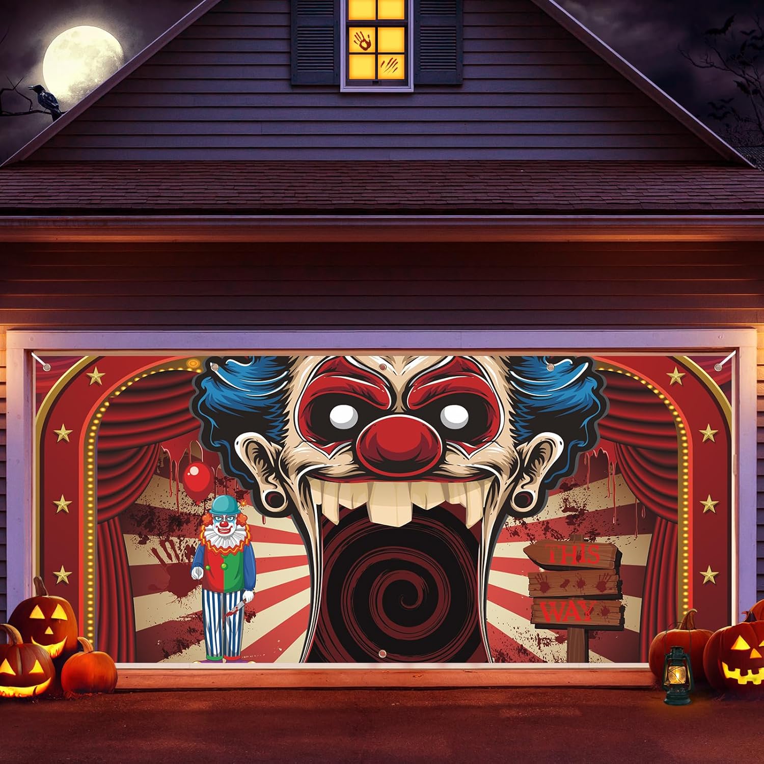 Evil Clown Garage Door Banner - Large Scary Circus Carnival Decoration ...