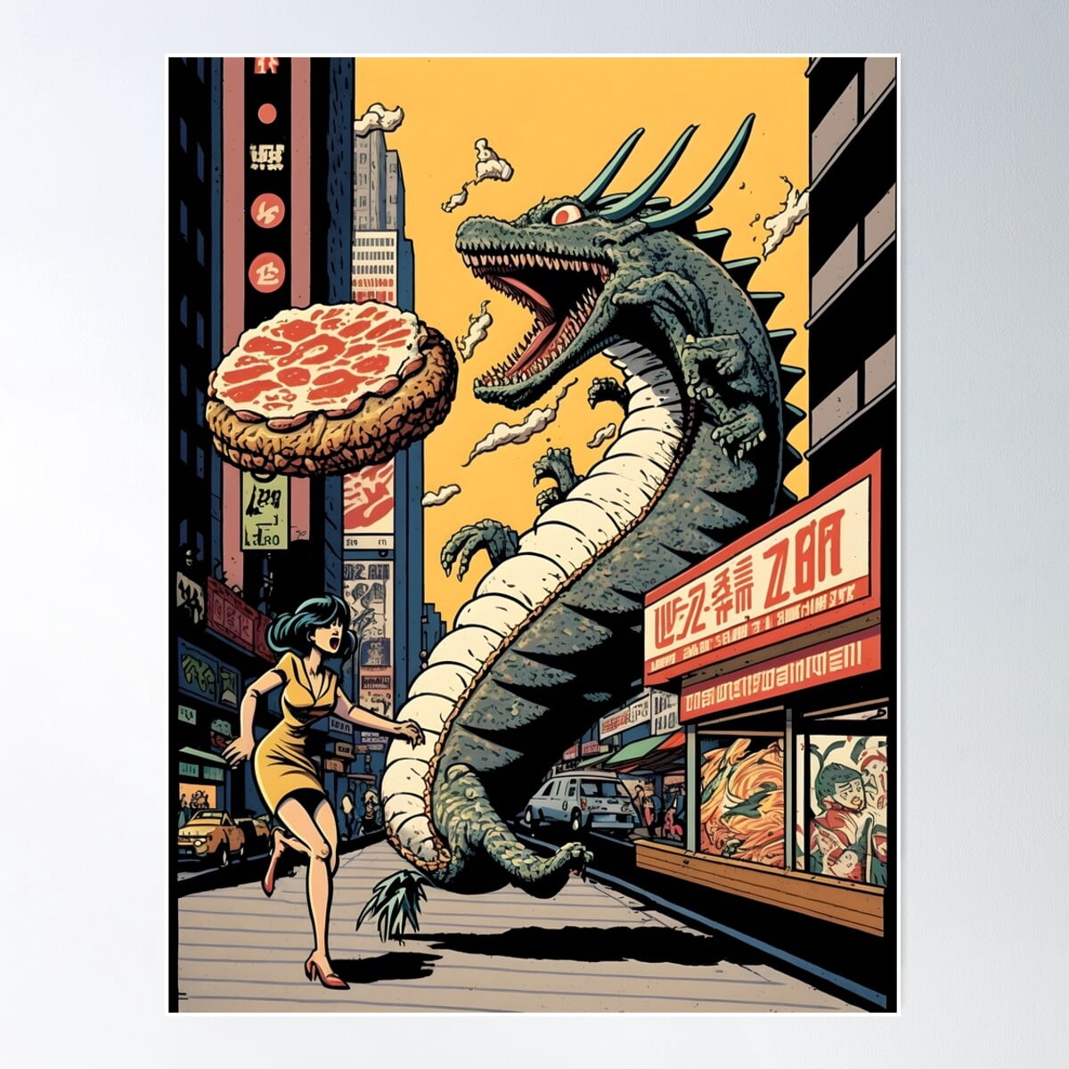 Evil Dragon Eating Pizza Fantastic Japanese Anime Retro 60S Poster Wall ...