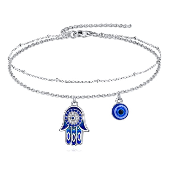 Evil Eye Anklet Sterling Silver Hamsa Fatima Double Layered Blue Eye ...