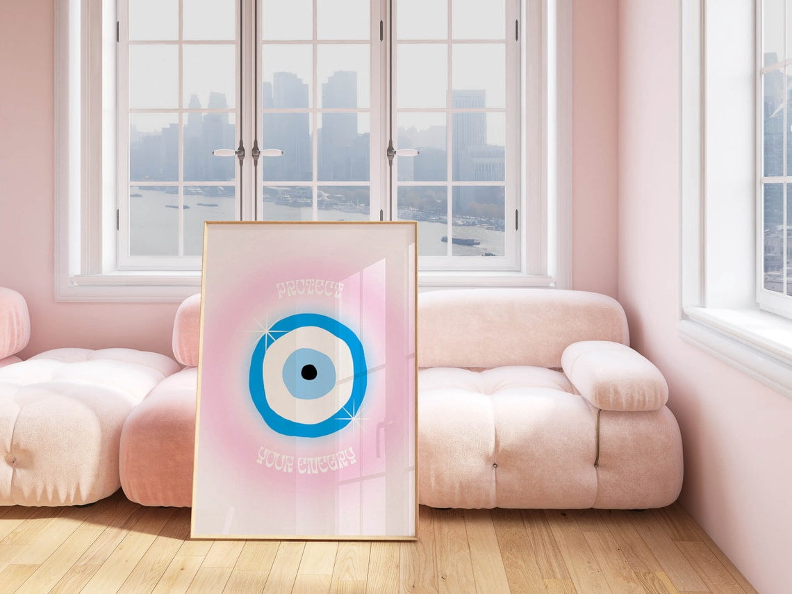 Evil Eye Aura Blue and Light Pink Preppy Above Bed Decor, Unframed ...
