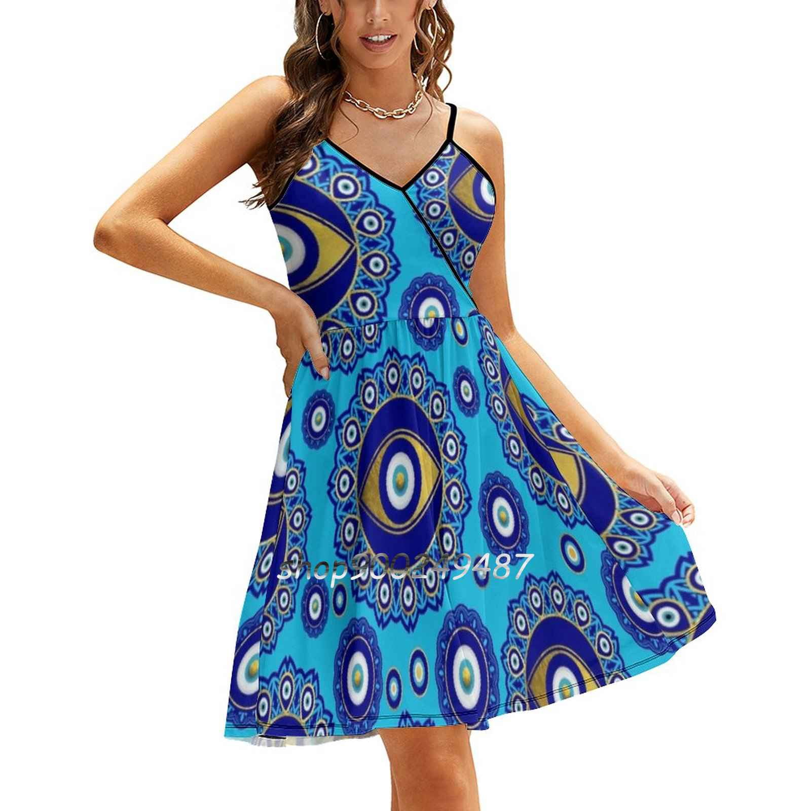 Evil Eye Charm Ornament Pattern Flare Dress Square Neck Dress Elegant ...