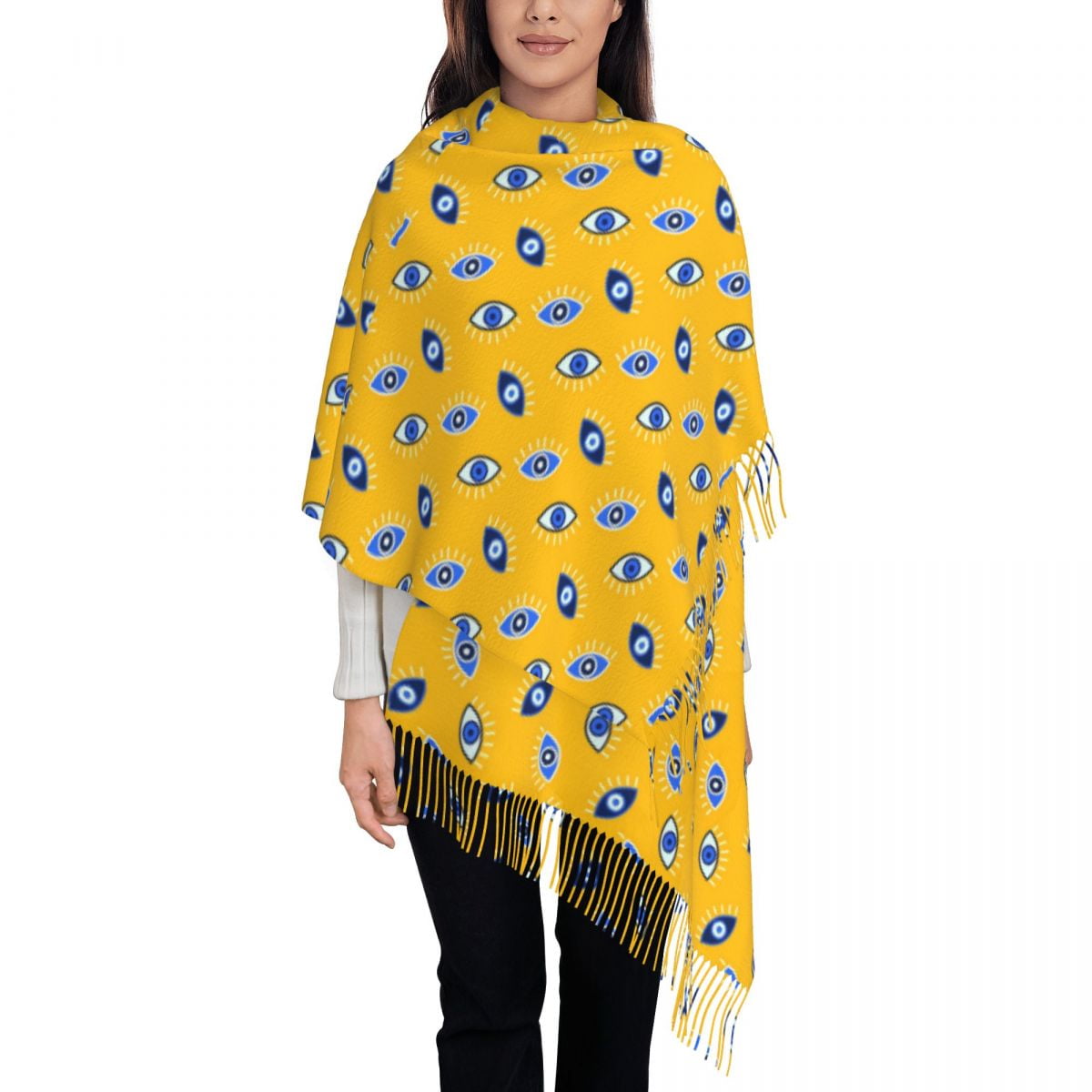 Evil Eye Design Scarf with Tassel Abstract Print Warm Shawl Wraps ...