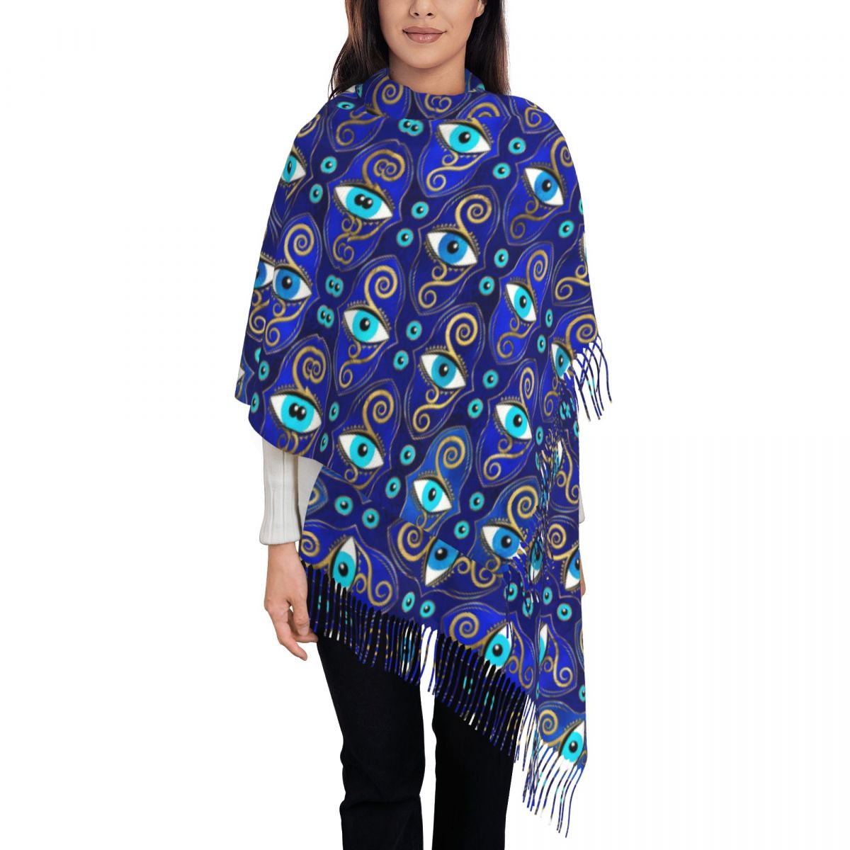 Evil Eye Design Scarf with Tassel Abstract Print Warm Shawl Wraps ...