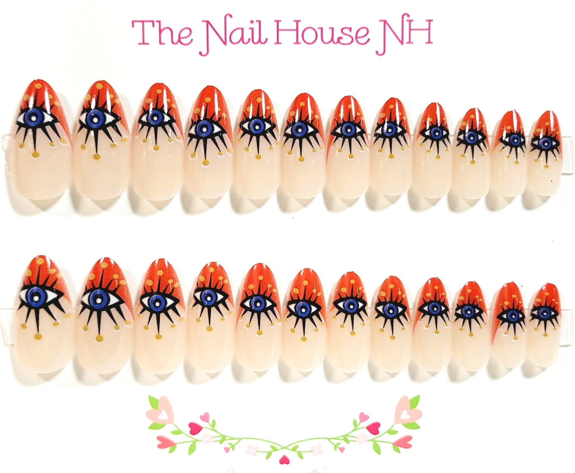 Evil Eye French Manicure Glossy Almond Press-On Nails - 24 Pieces ...