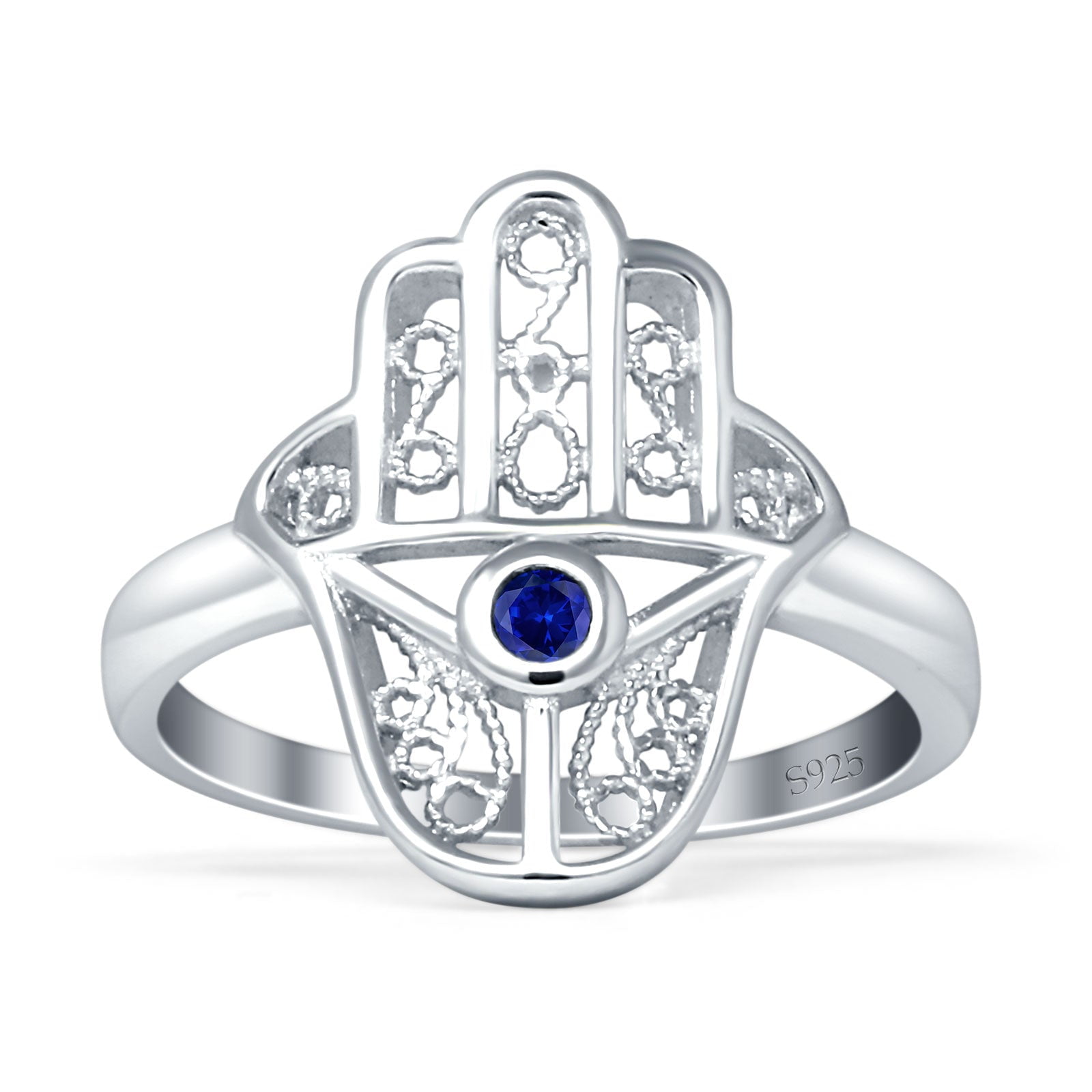 Evil Eye Hamsa Round Shape Ring Blue Sapphire CZ 925 Sterling Silver ...