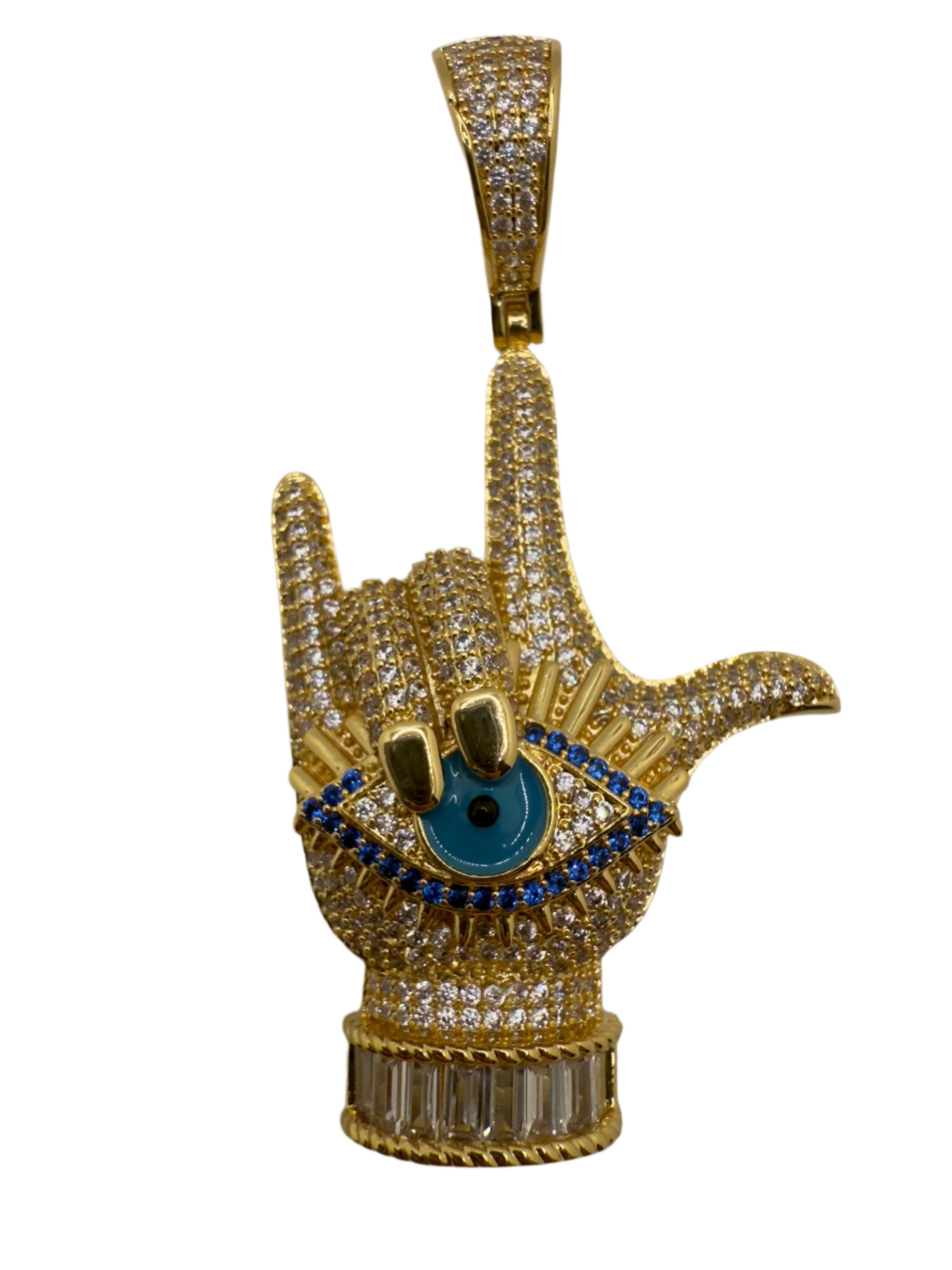 Evil Eye Hand Sign Pendant | 14K Gold-Plated | With Rope Necklace ...