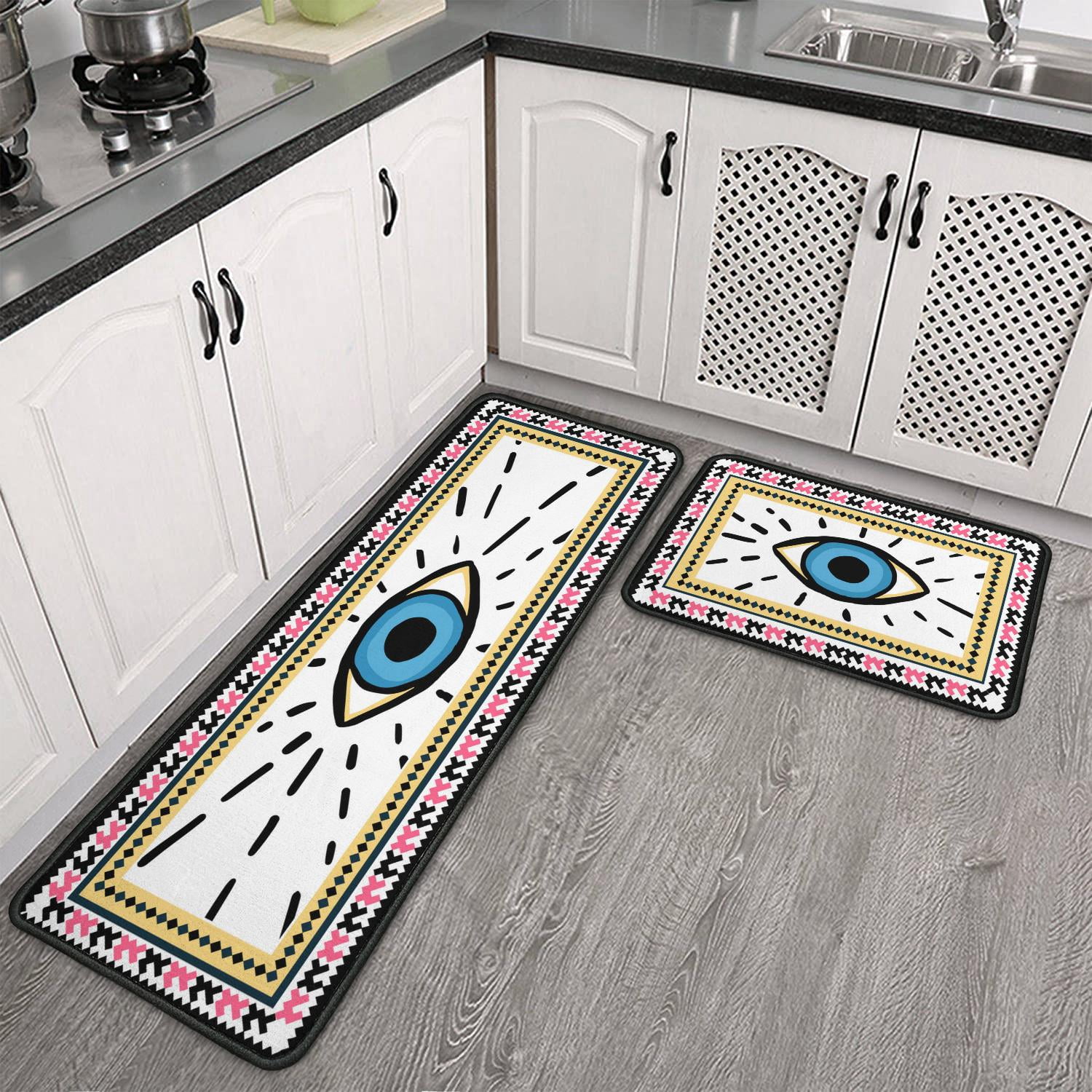 Evil Eye Kitchen Rugs Set Of 2 Boho Non-Slip White Kitchen Rug and Mat ...