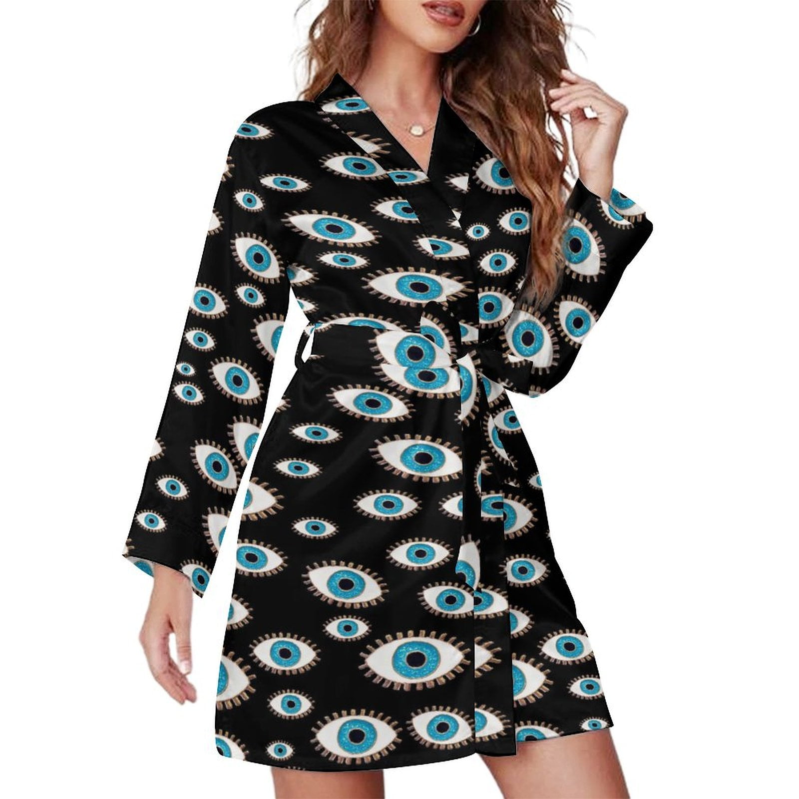 Evil Eye Night Robe Long Sleeve V Neck Robe With Belt Women's Sleepwear ...