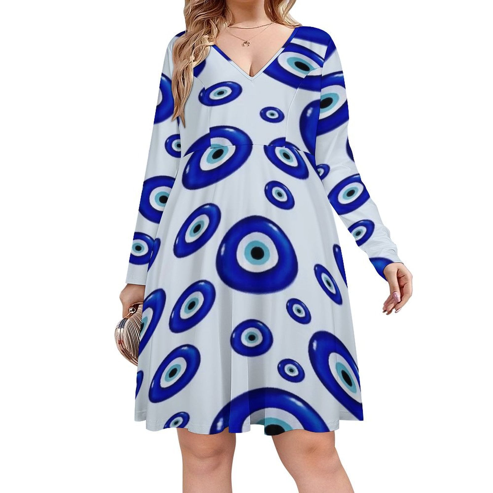 Evil Eye Symbol Long Sleeve Dresses For Women Vintage Elegant Party Dress Oversized V-neck Dress ...