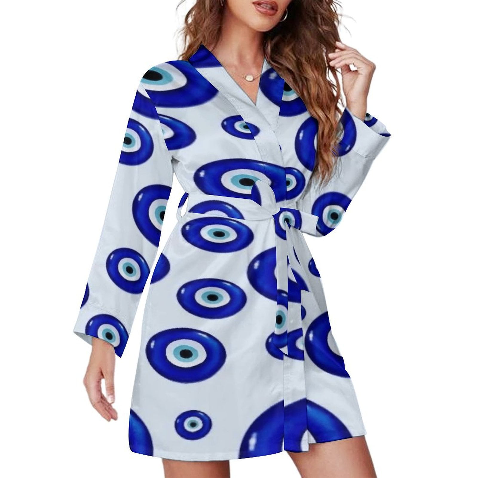 Evil Eye Symbol Night Robe Long Sleeve V Neck Robe With Belt Women's ...