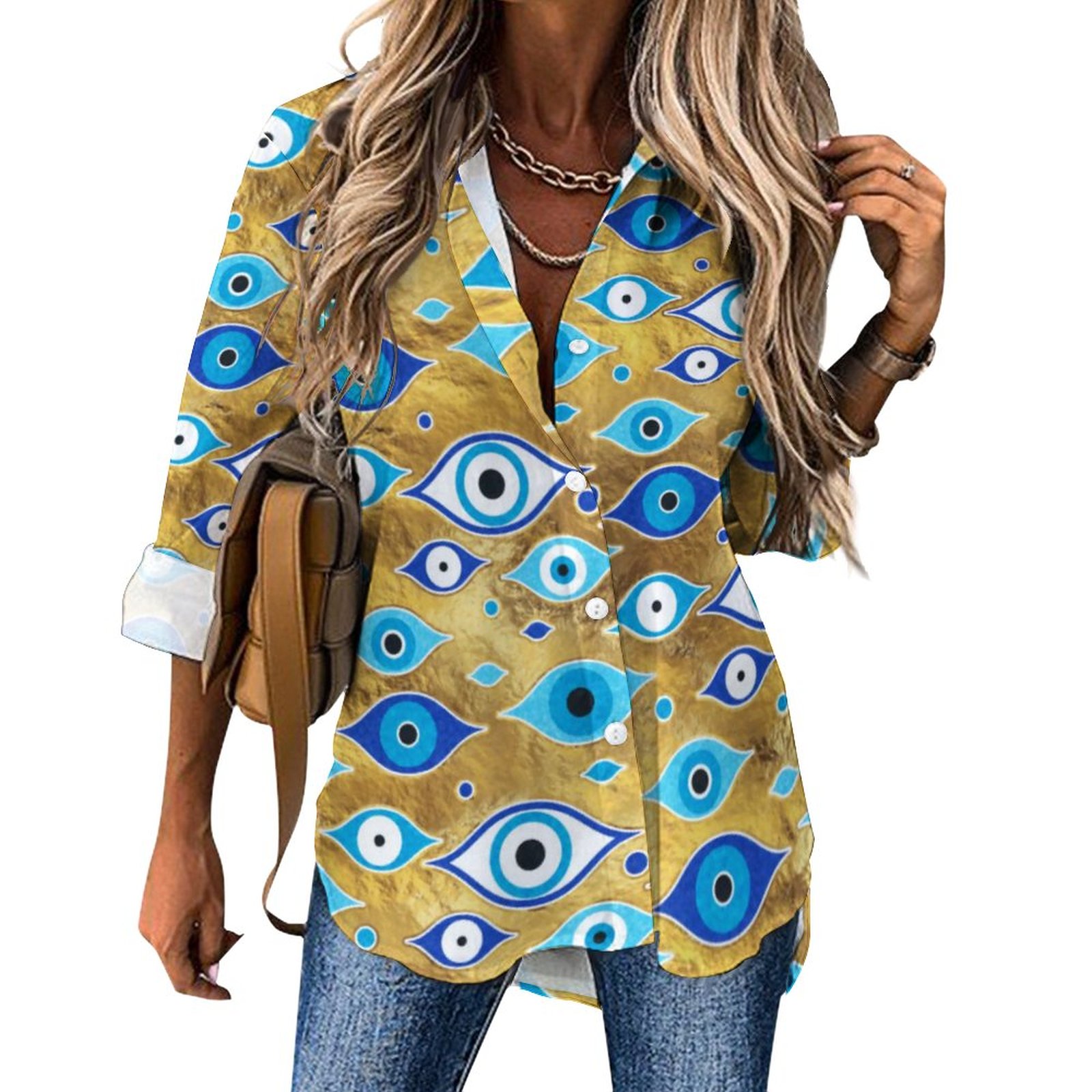Evil Eye Talisman Casual Blouse Long-Sleeve Arabic Amulet Greek Blouses ...
