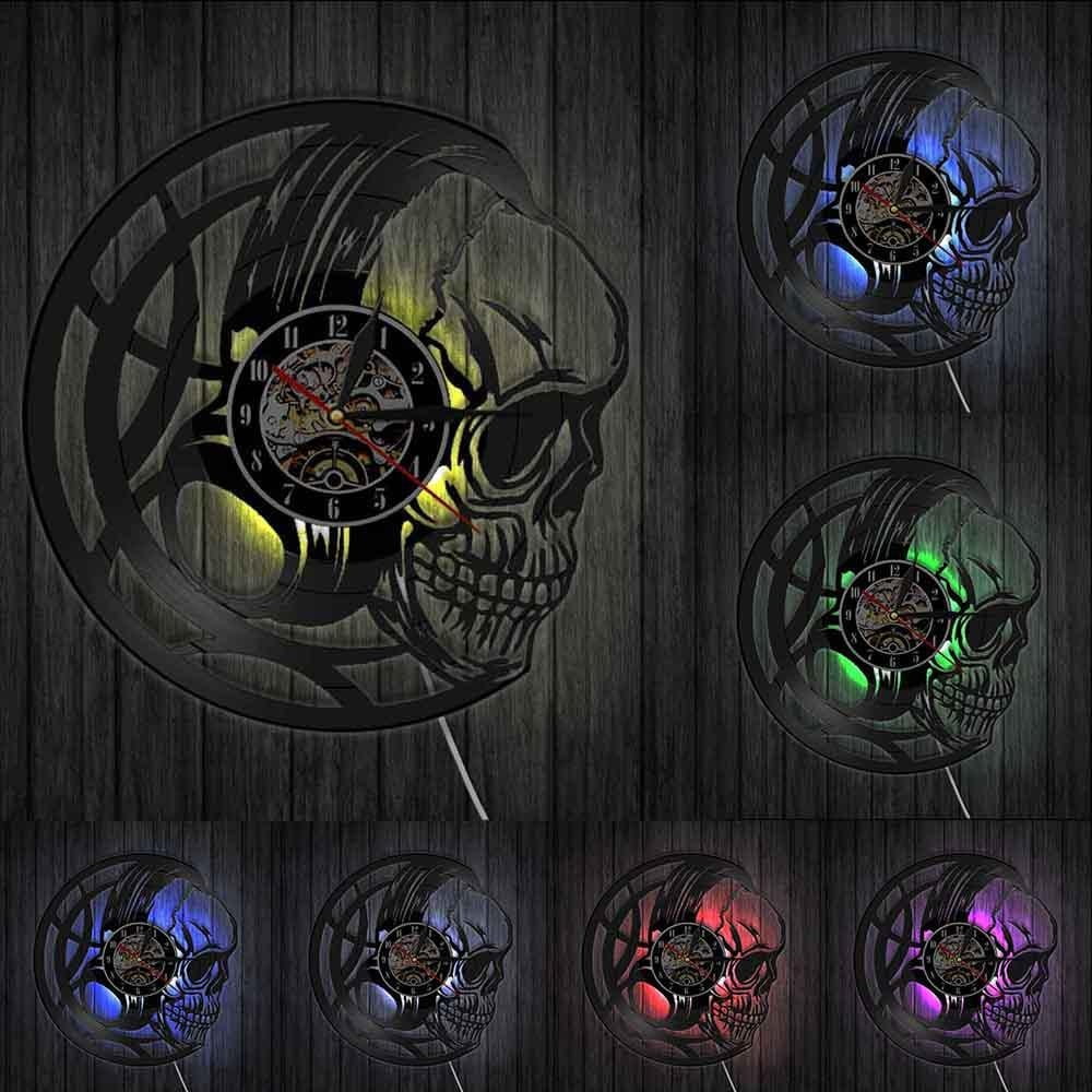 Evil Skull Headphones Vinyl Record Wall Clock Black Skull Head Clock Watch Vanitas Dark Art ...