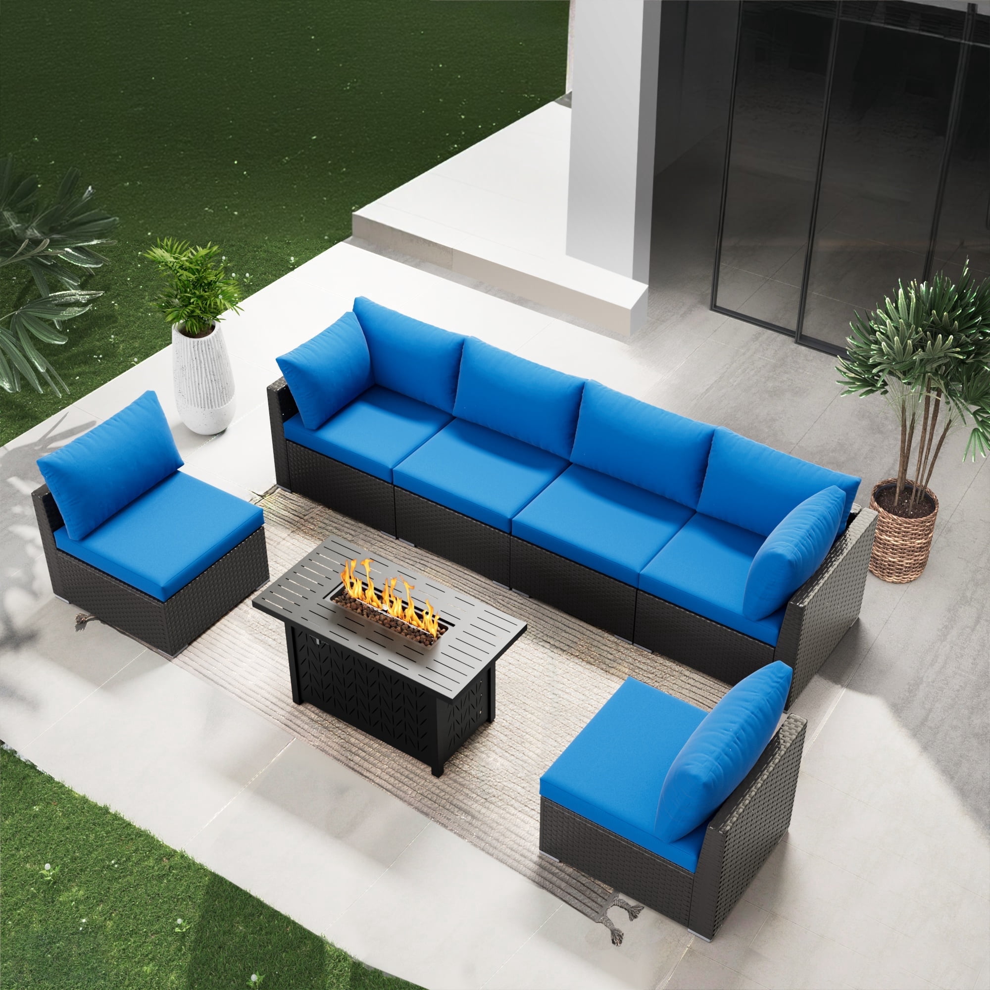Evita Outdoot Patio Furniture Set with Blue Cushions and Hand-woven PE ...