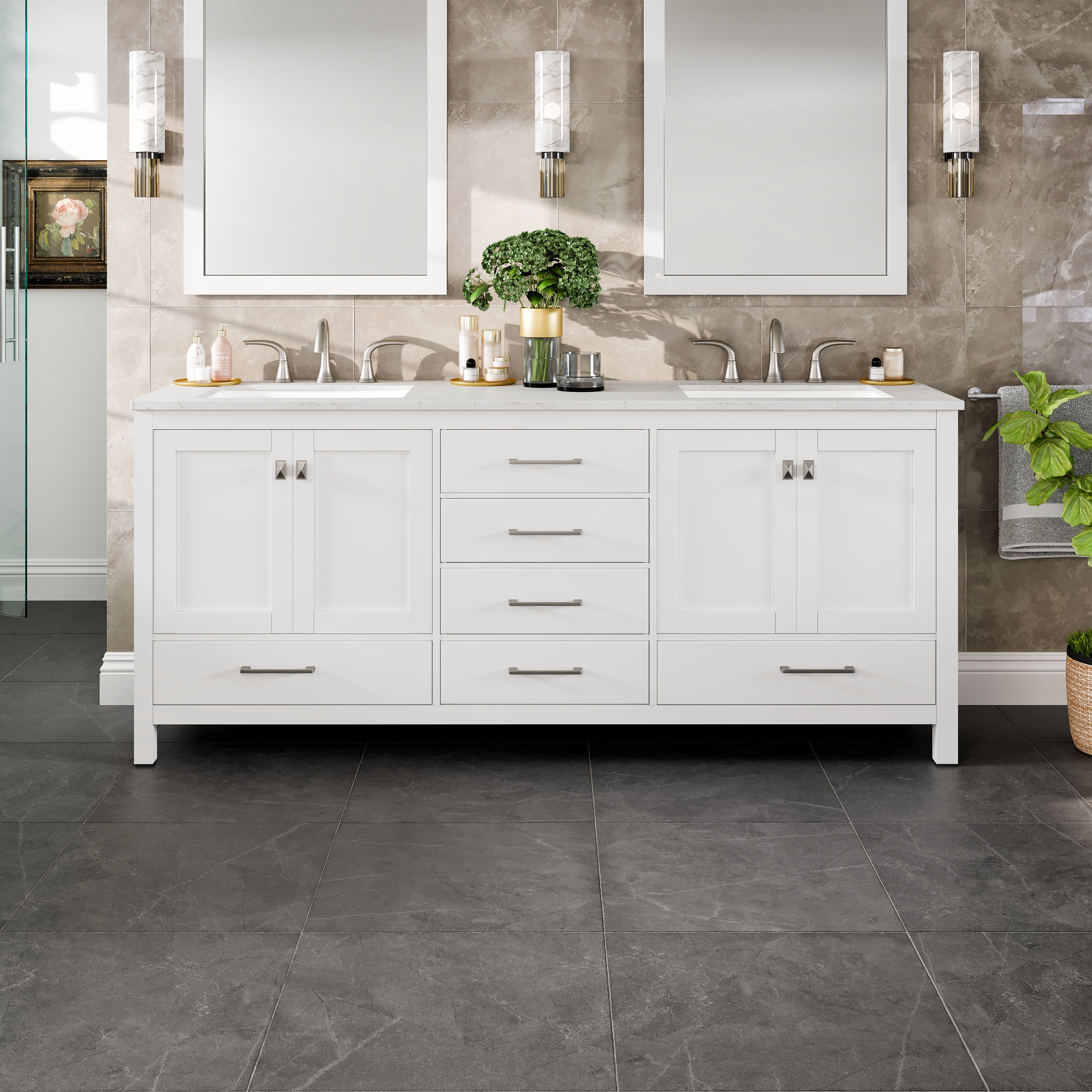 "Eviva Aberdeen 78"" Double Tops Sink Transitional White Bathroom ...